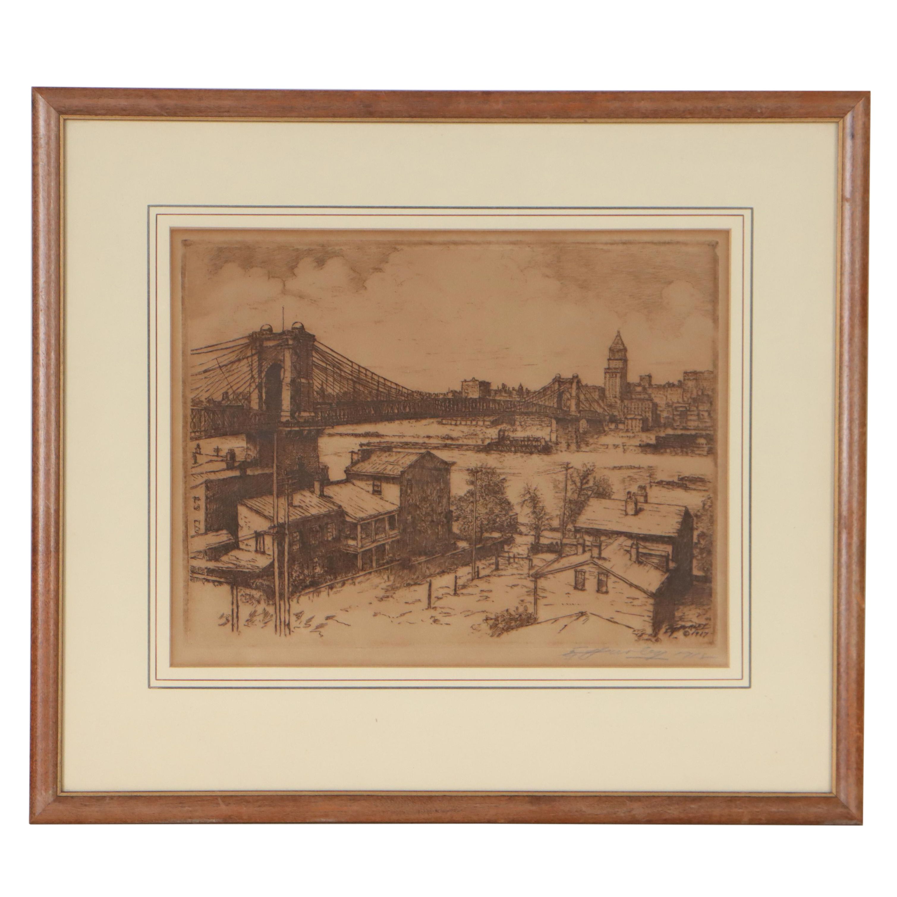 Edward Timothy Hurley Cincinnati Cityscape Etching, 1918 | EBTH