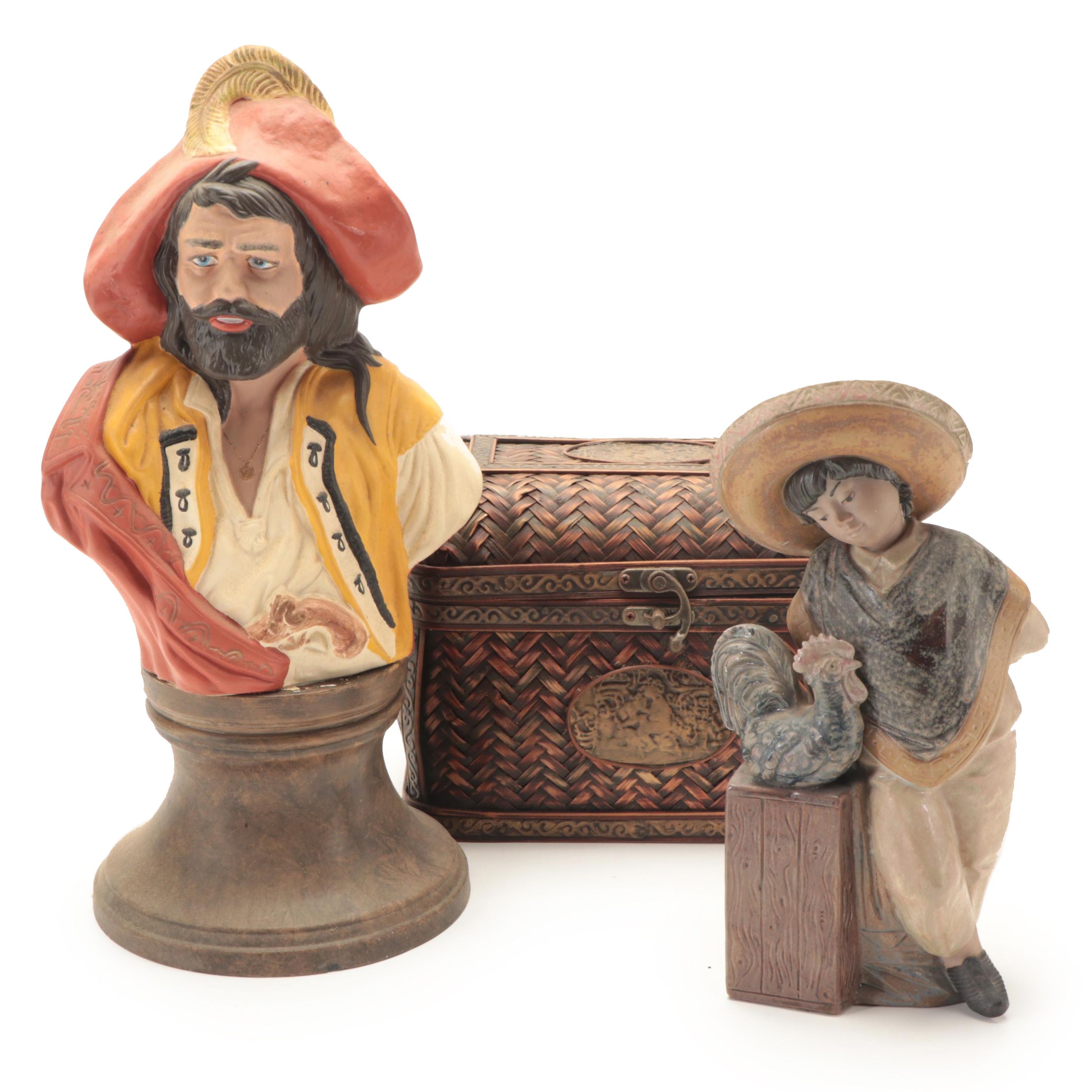 Nadal Porcelain with Ceramic Bust and Stand and Woven Handled Box | EBTH