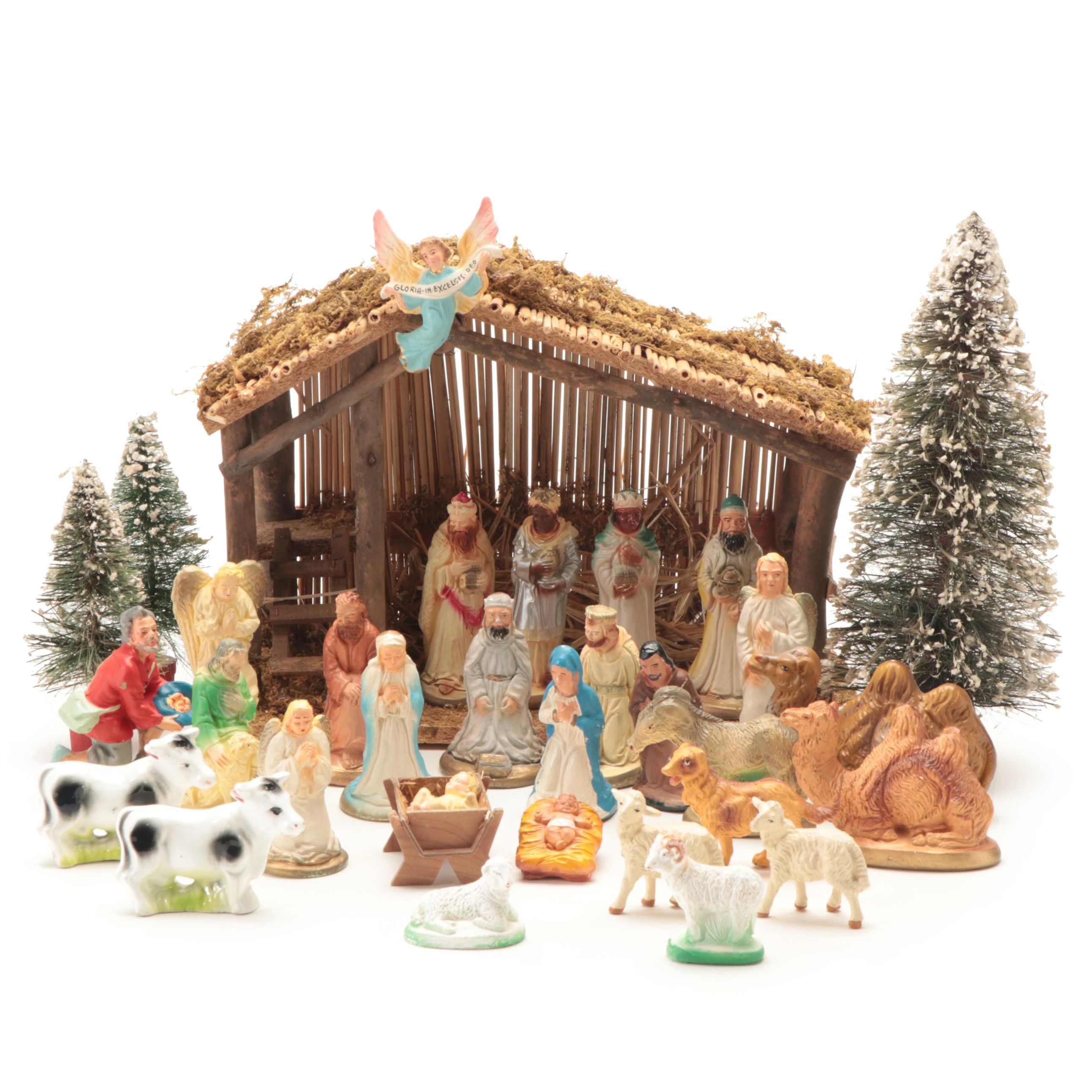 Plaster, Ceramic and Chalkware Nativity Figures with Wood Creche, Trees ...