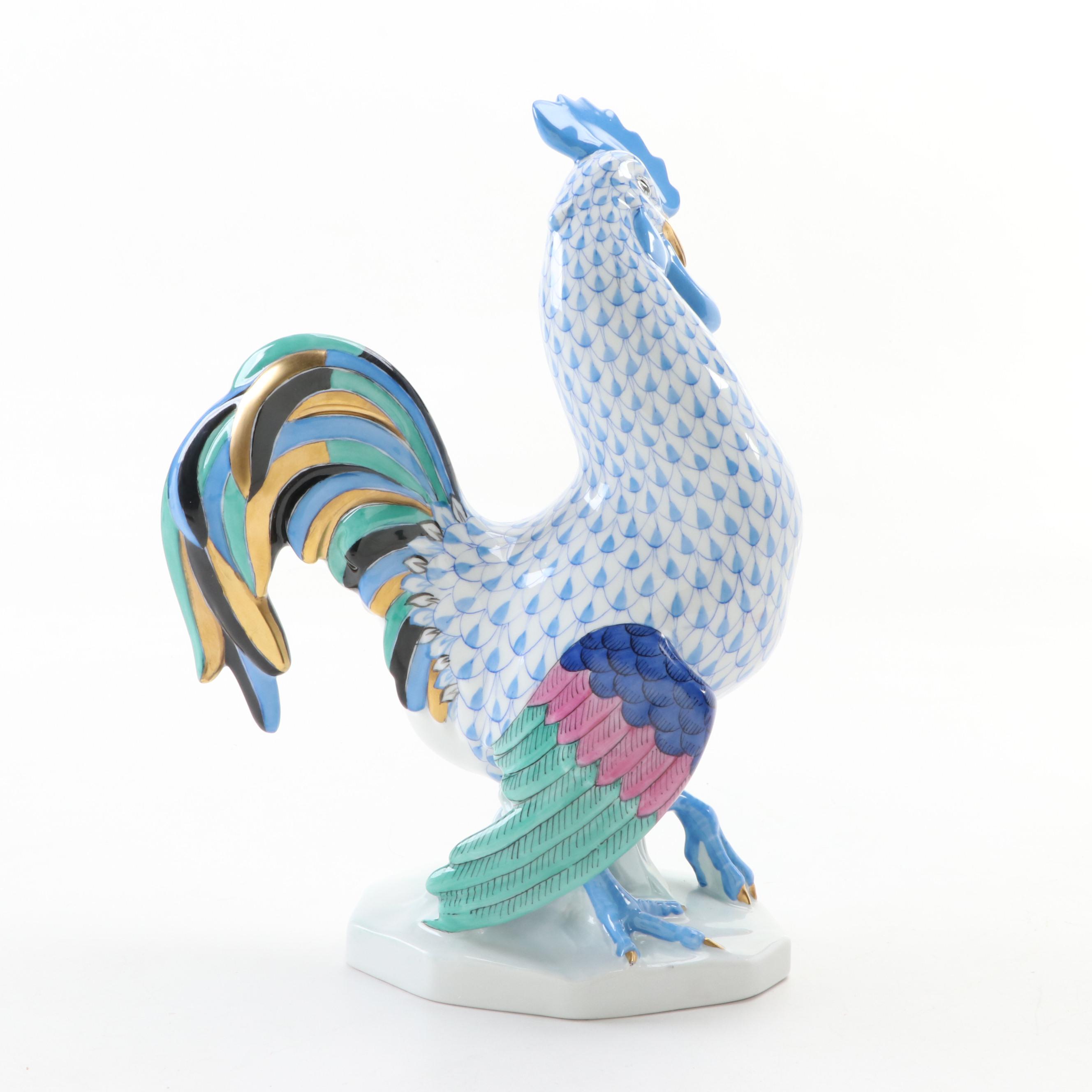 Herend Blue Fishnet with Gold "Cocky Rooster" Porcelain Figurine | EBTH