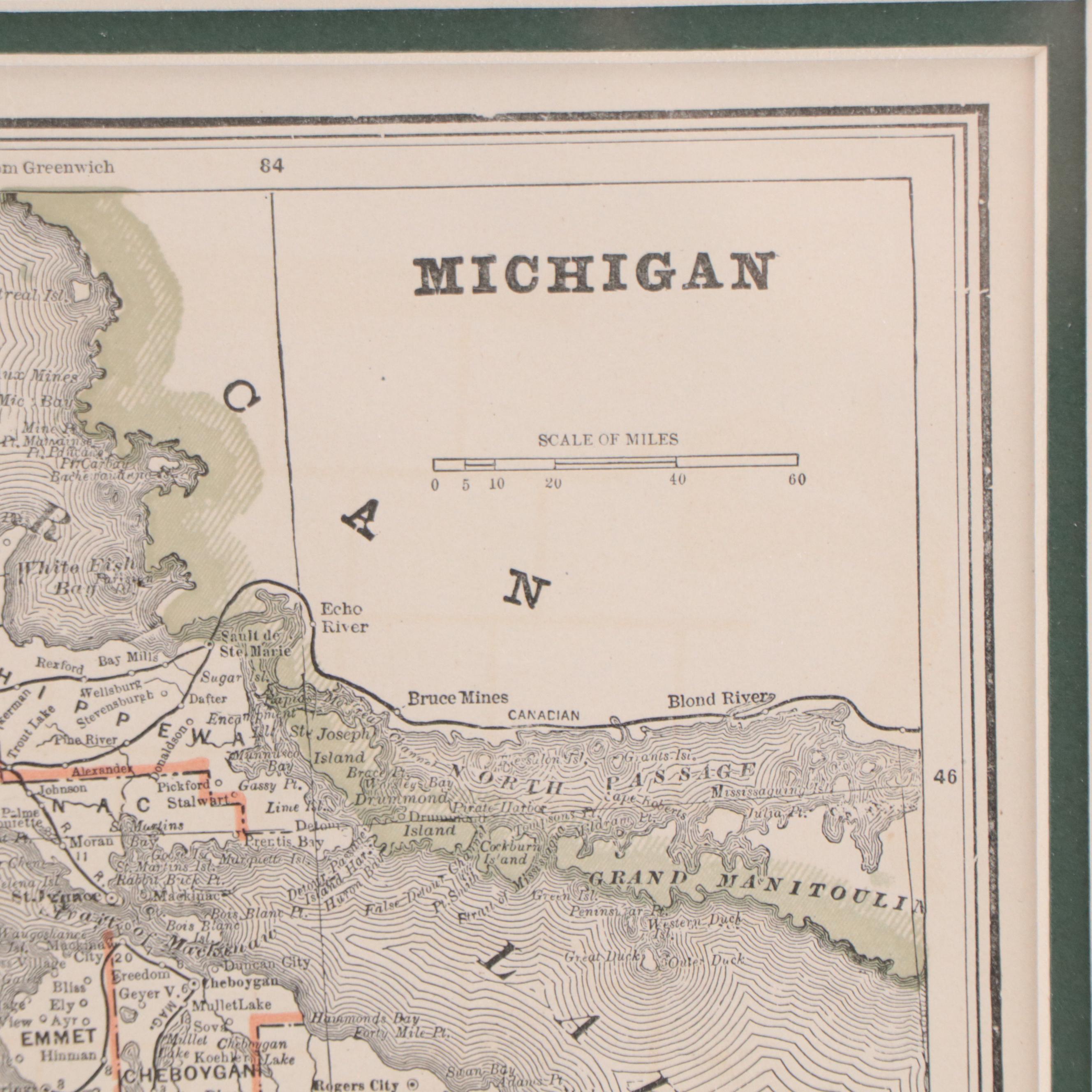 Wax Engraving Map of Michigan, Circa 1890 | EBTH