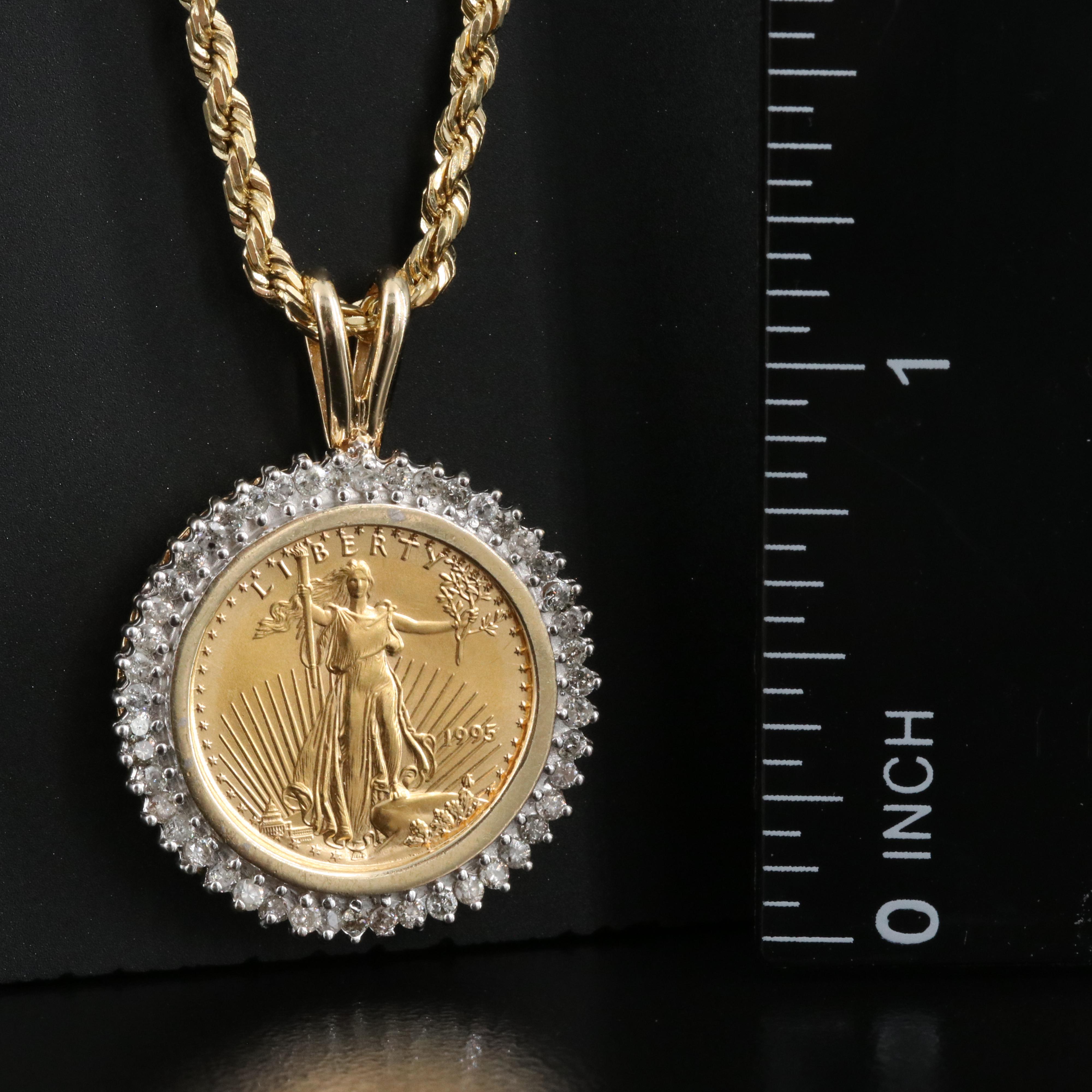 14K and 10K Necklace with 1995 $5 Gold Eagle 1/10 Oz. Boullion Coin | EBTH