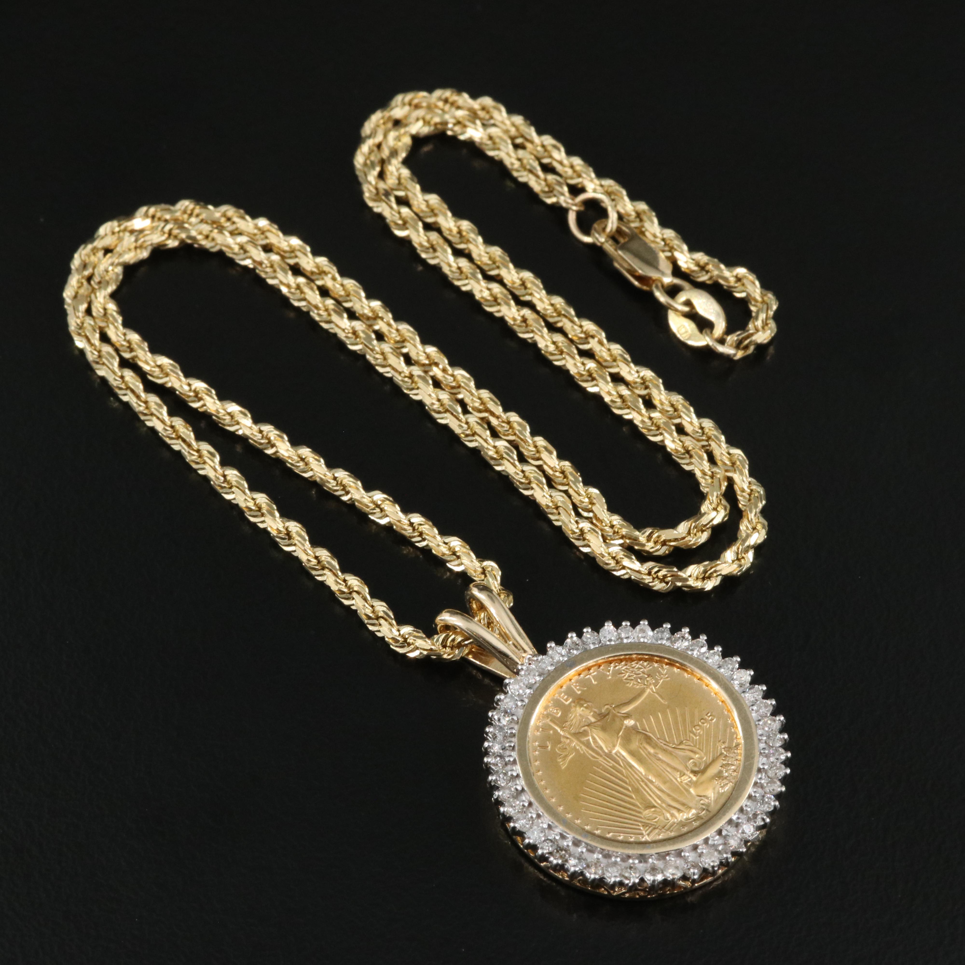 14K and 10K Necklace with 1995 $5 Gold Eagle 1/10 Oz. Boullion Coin | EBTH