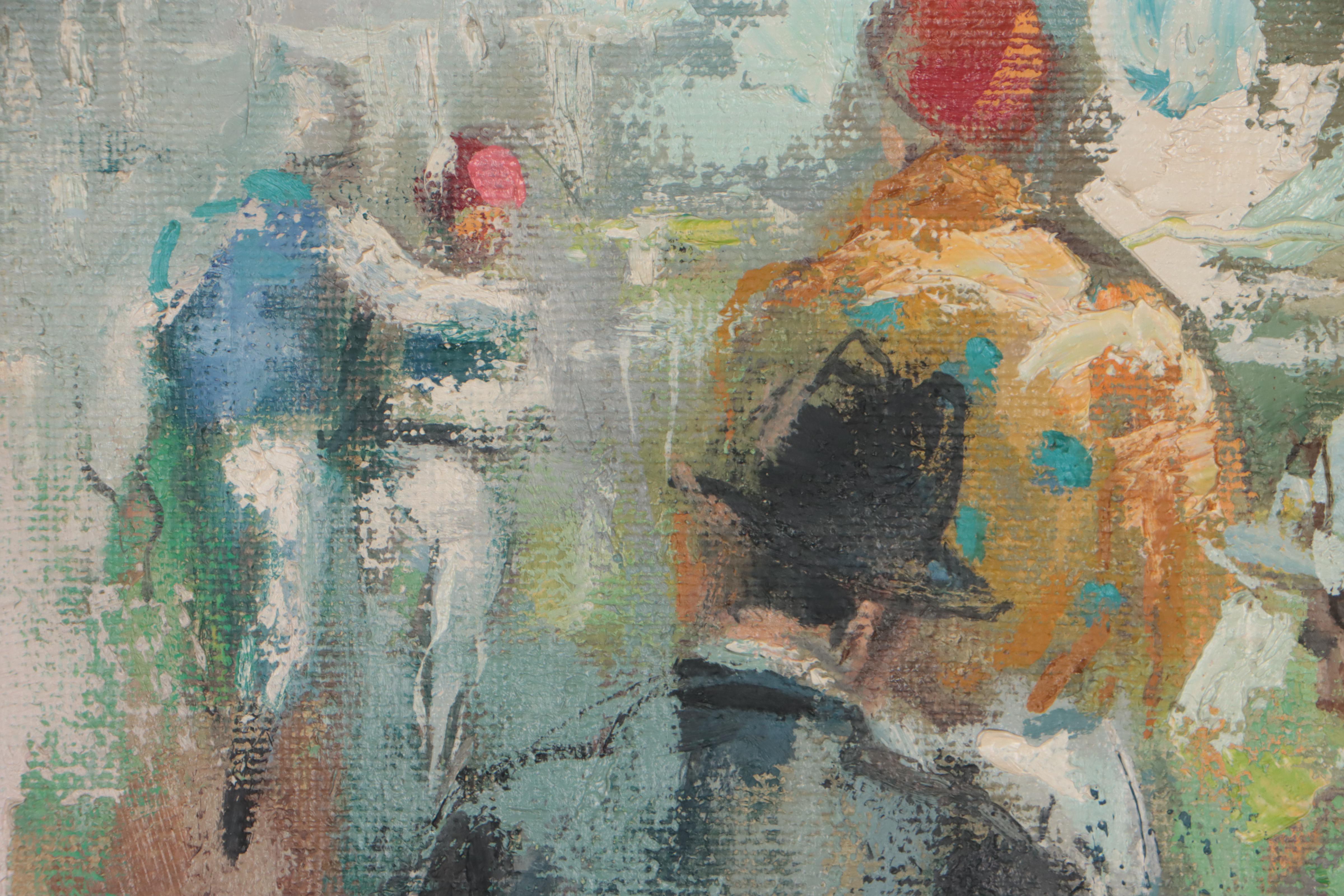 Fay Moore Sporting Art Oil Painting of Jockeys in the Paddock | EBTH