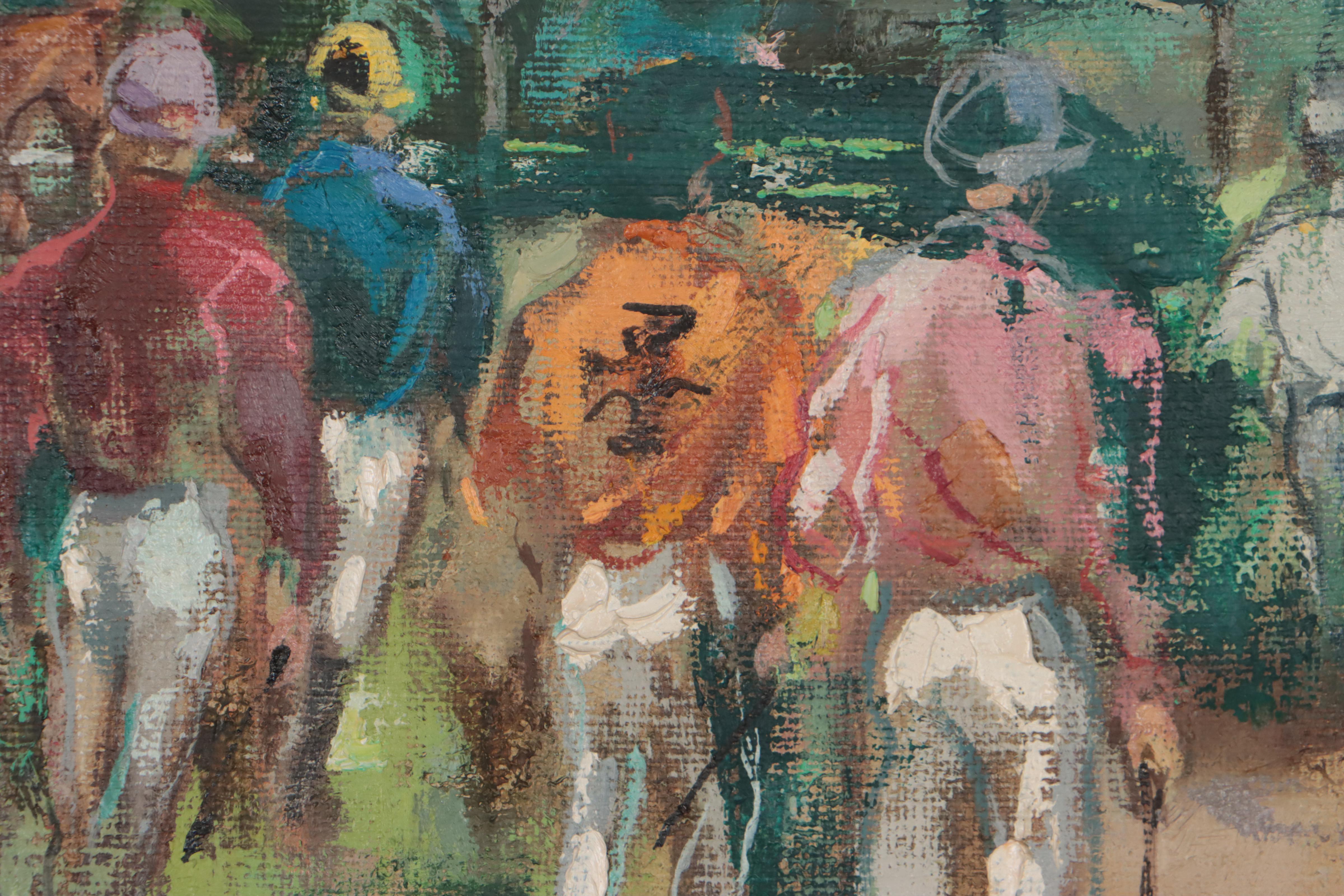 Fay Moore Sporting Art Oil Painting of Jockeys in the Paddock | EBTH