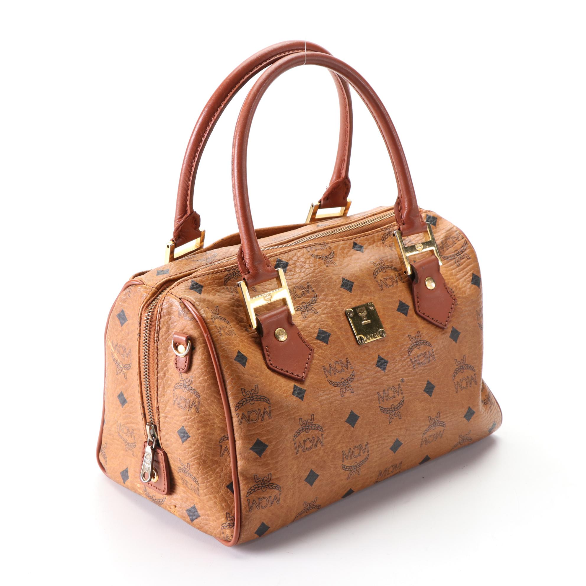MCM Small Boston Bag in Cognac Monogram Visetos Canvas and Leather | EBTH