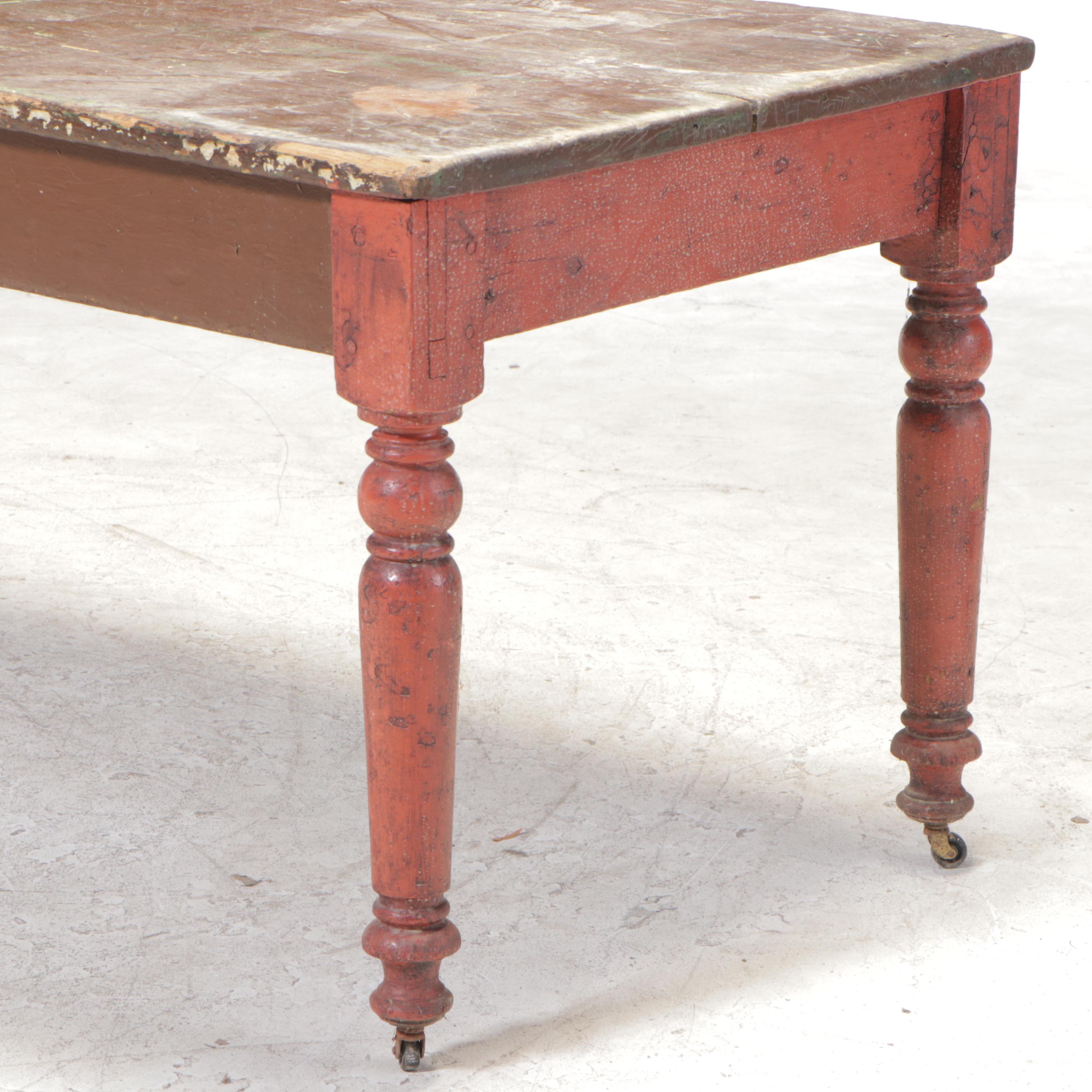 Large American Primitive Painted Pine and Oak Kitchen Work Table, 19th ...