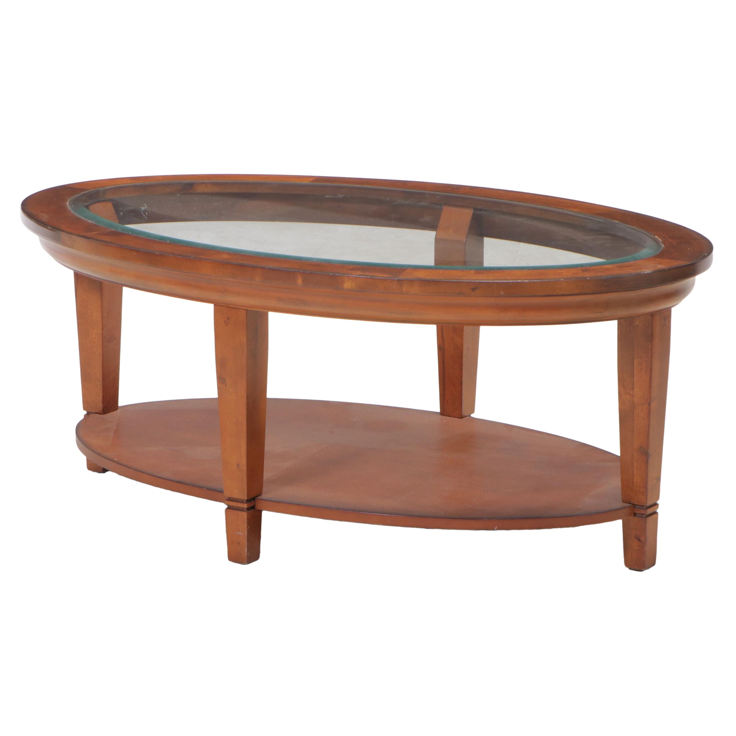 Contemporary Cherrywood-Stained and Glass Top Two-Tier Coffee Table | EBTH