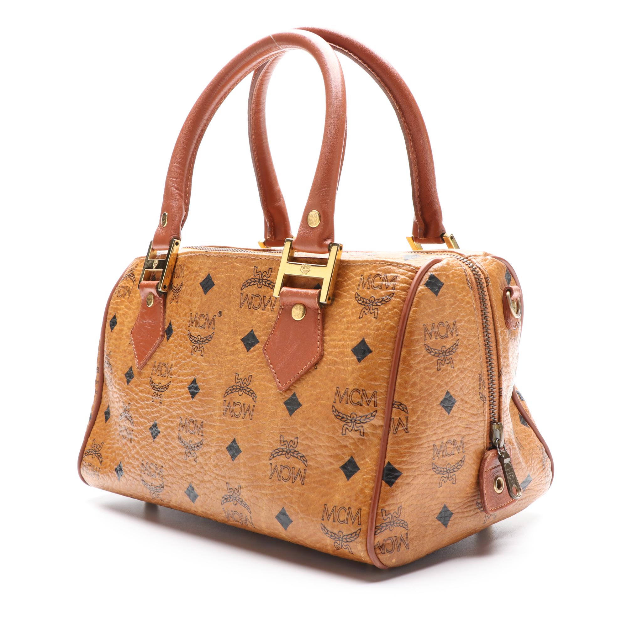 MCM Small Boston Bag in Cognac Monogram Visetos Canvas and Leather | EBTH