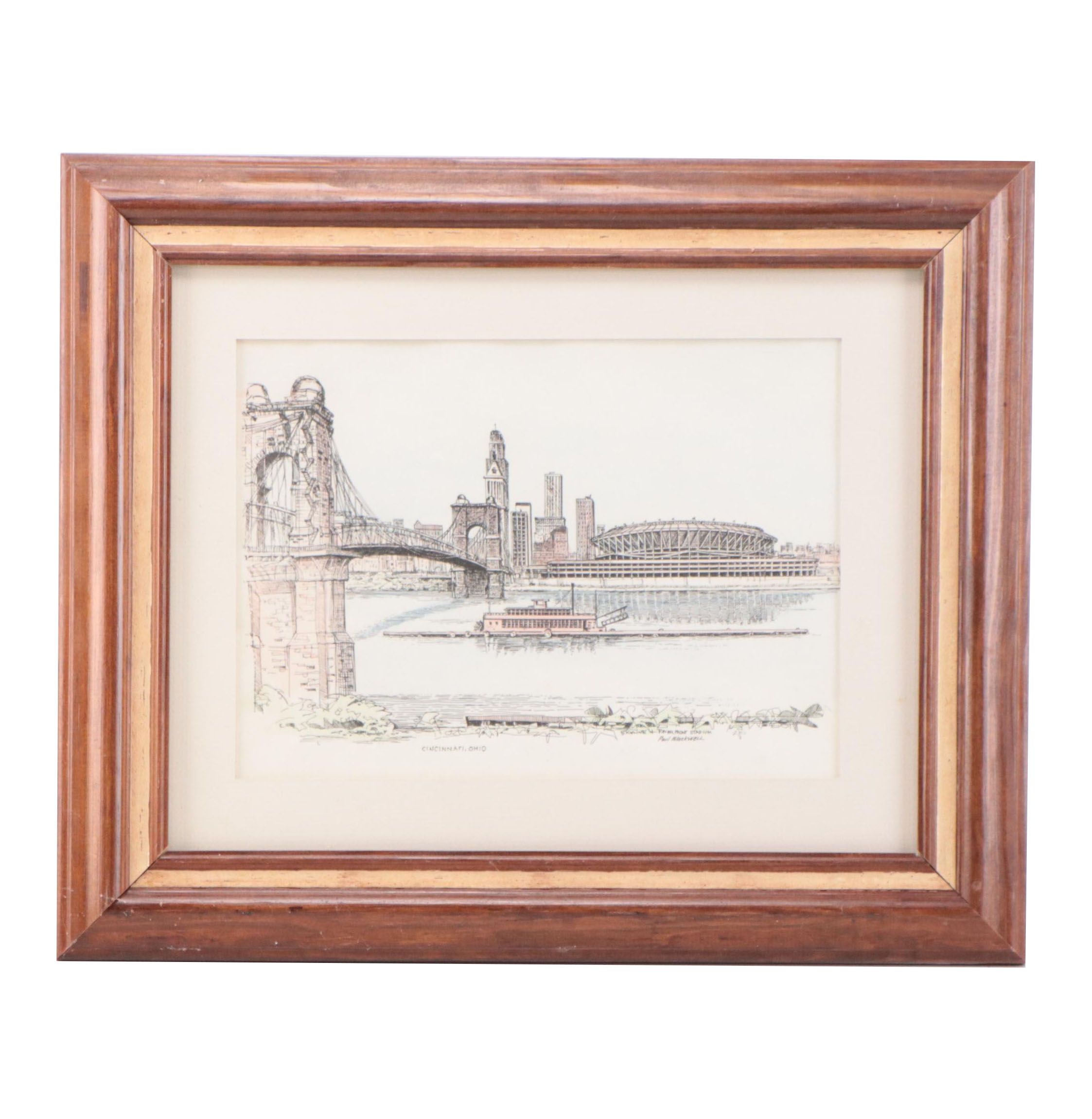 Hand-Colored Lithograph After Paul Blackwell "Skyline and Riverfront ...