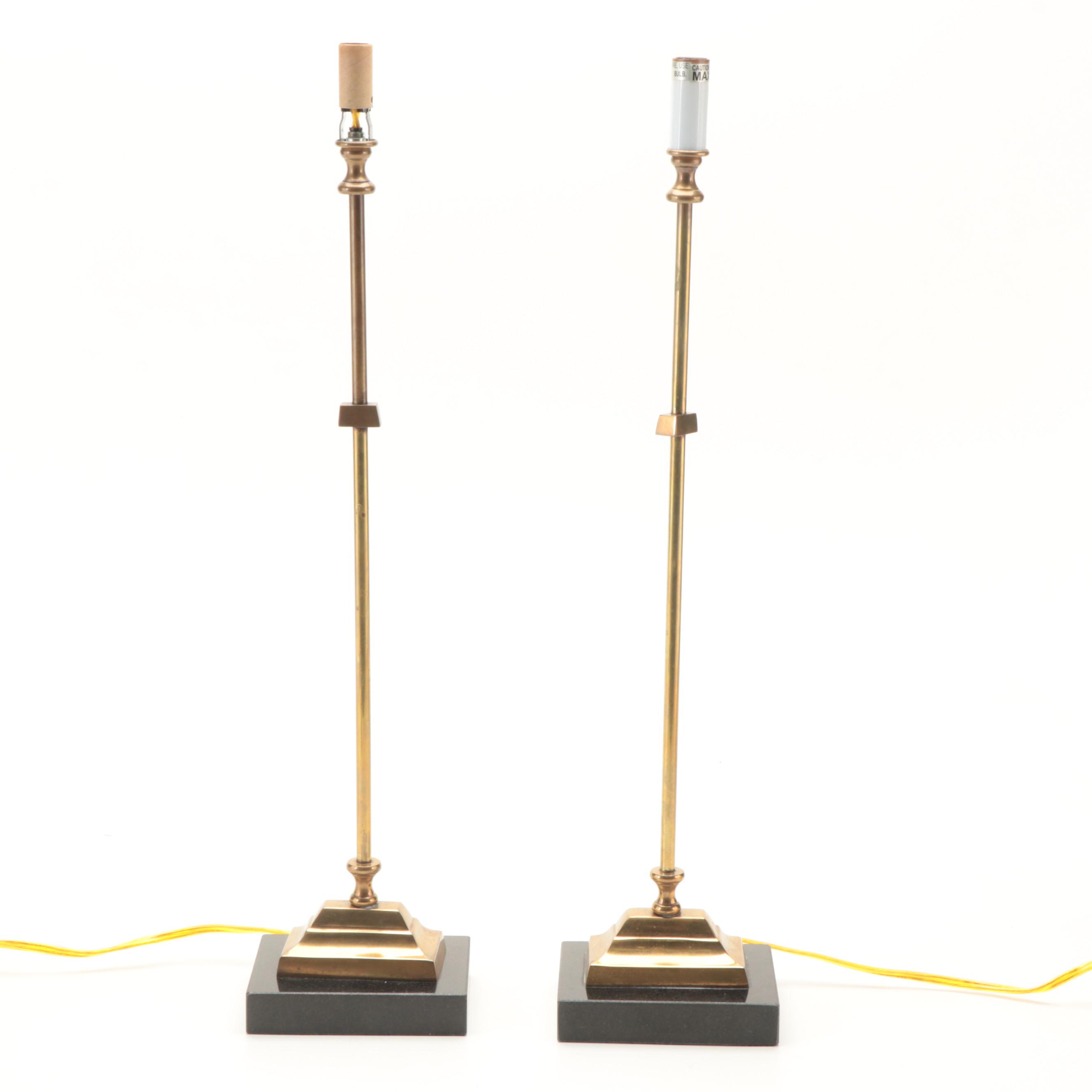 Pair of Brass Console Lamps on Bases with Clip-On Shades | EBTH