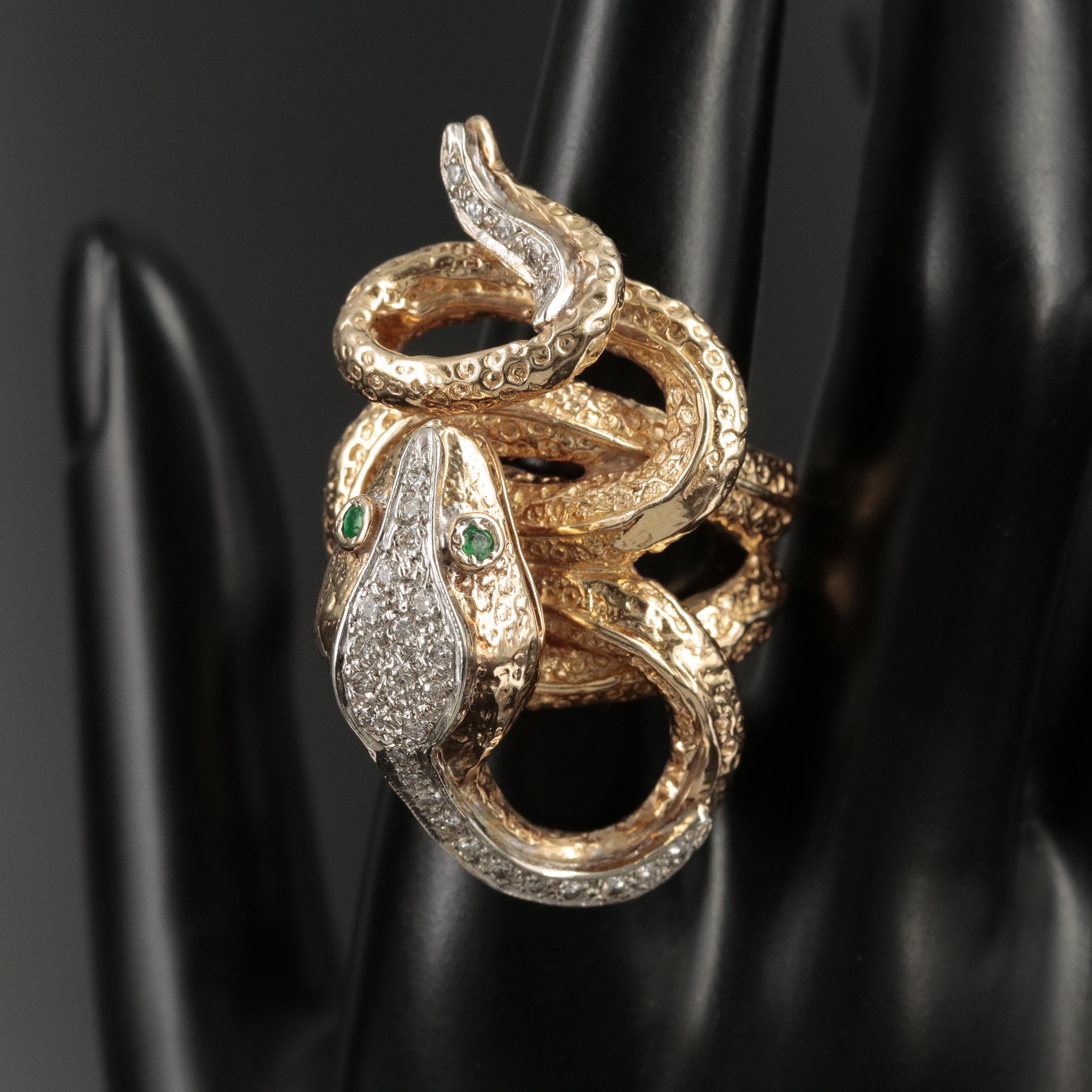 Vintage 14K Diamond and Emerald Coiled Snake Ring | EBTH