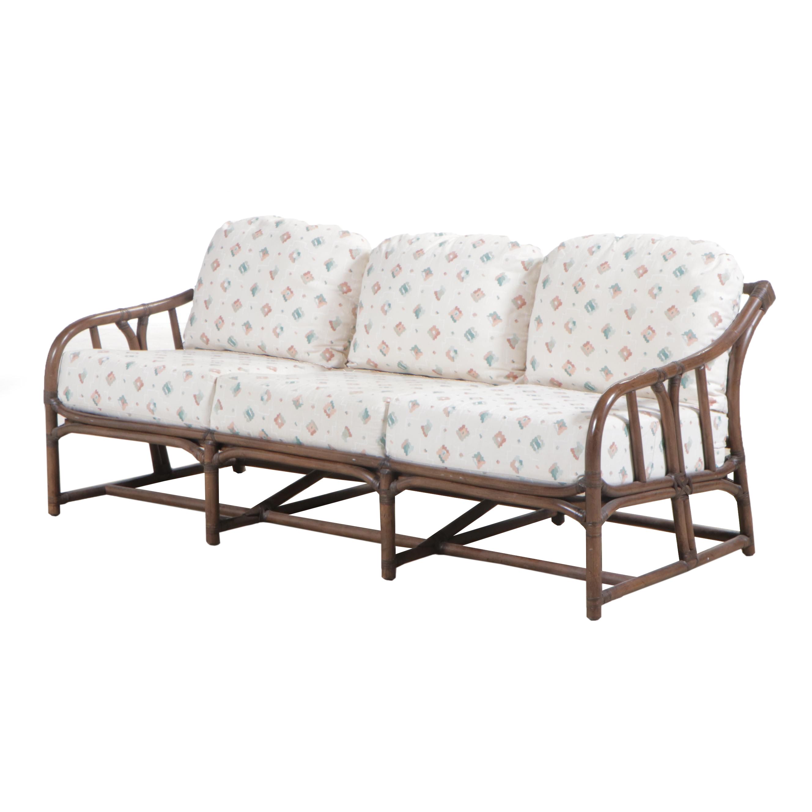 Ficks Reed Rattan Patio Sofa with Custom-Upholstered Cushions, Late ...