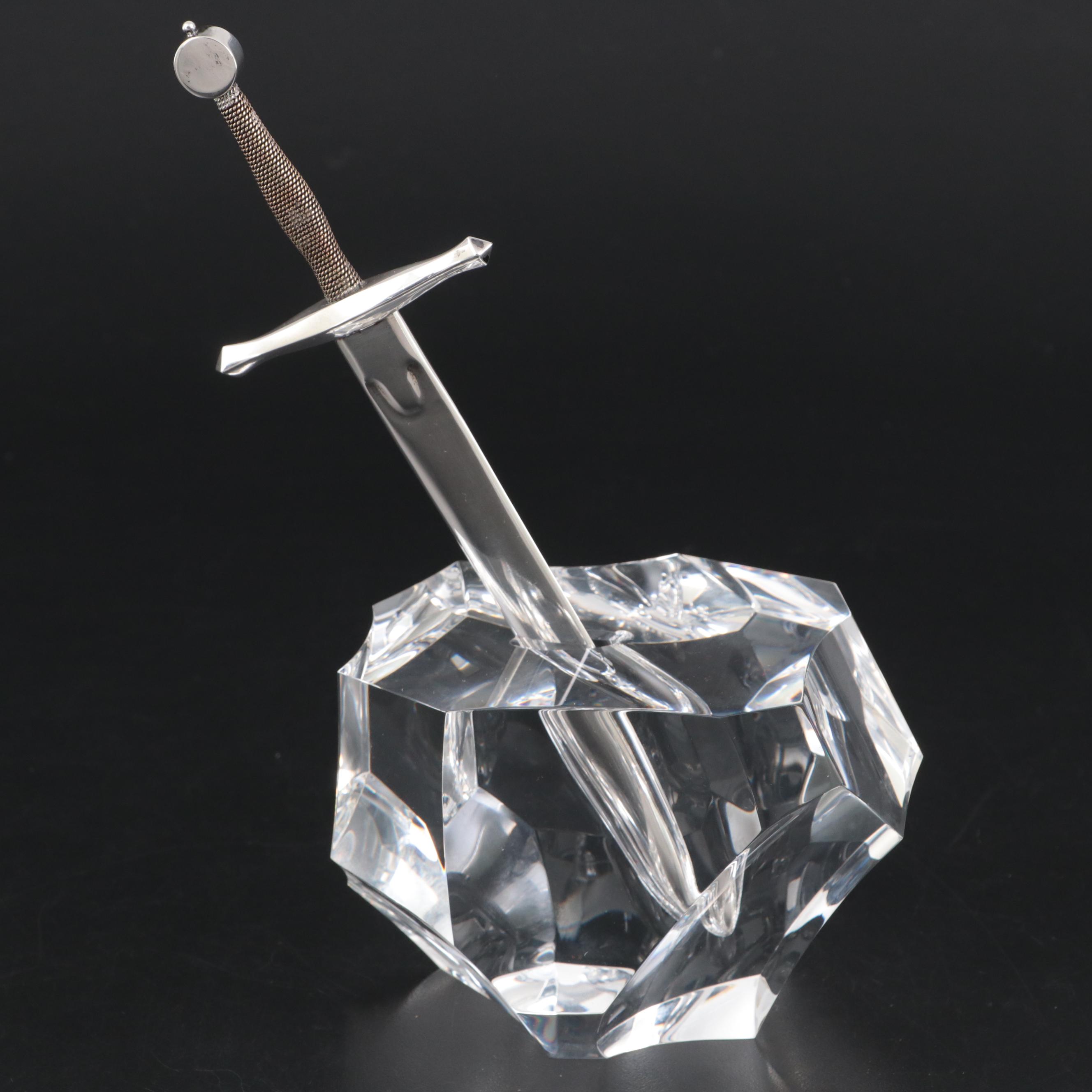 Steuben "Excalibur" Glass Paperweight with Sterling and 18K Gold Sword ...