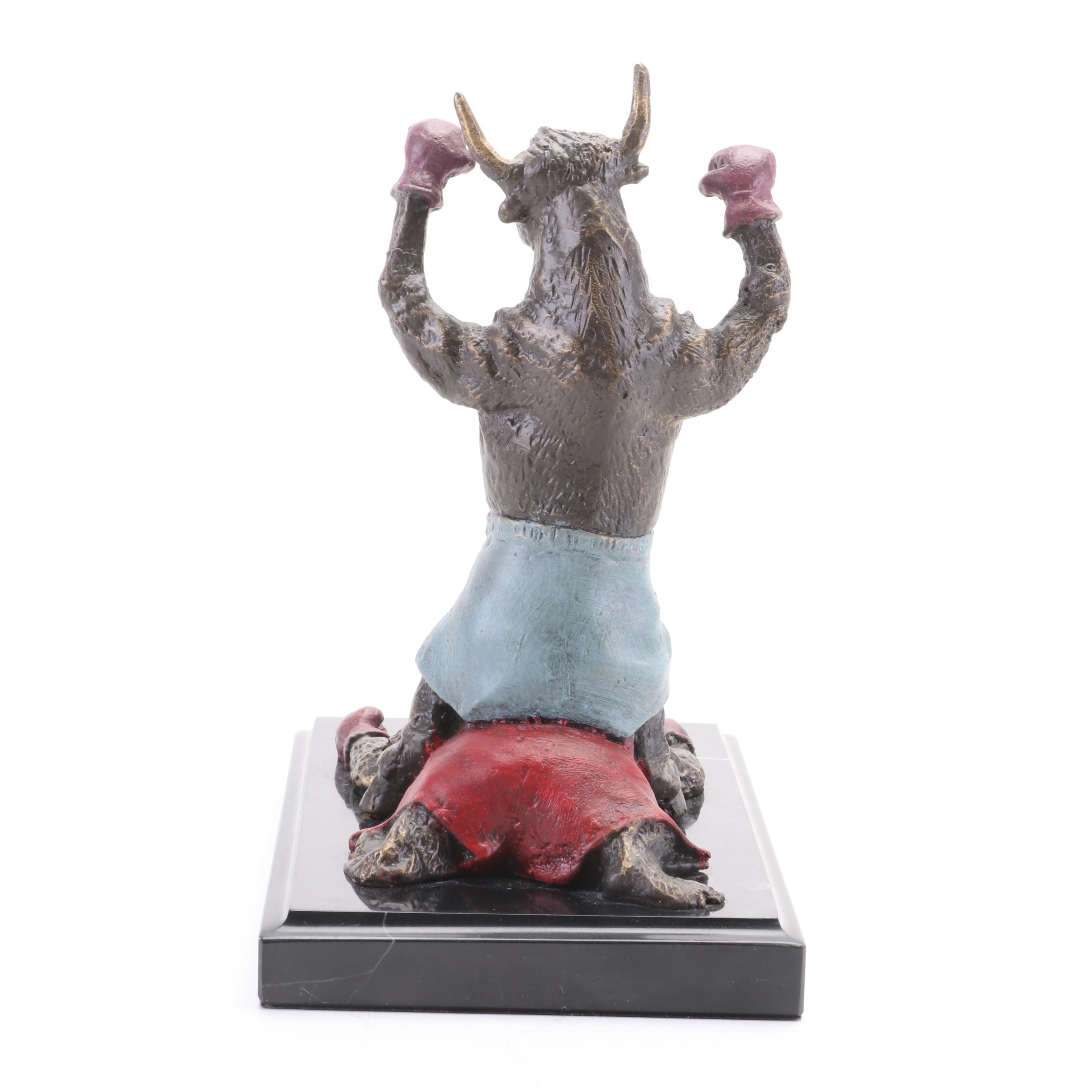 Stock Market Knockout Bull and Bear Painted Bronze Sculpture | EBTH