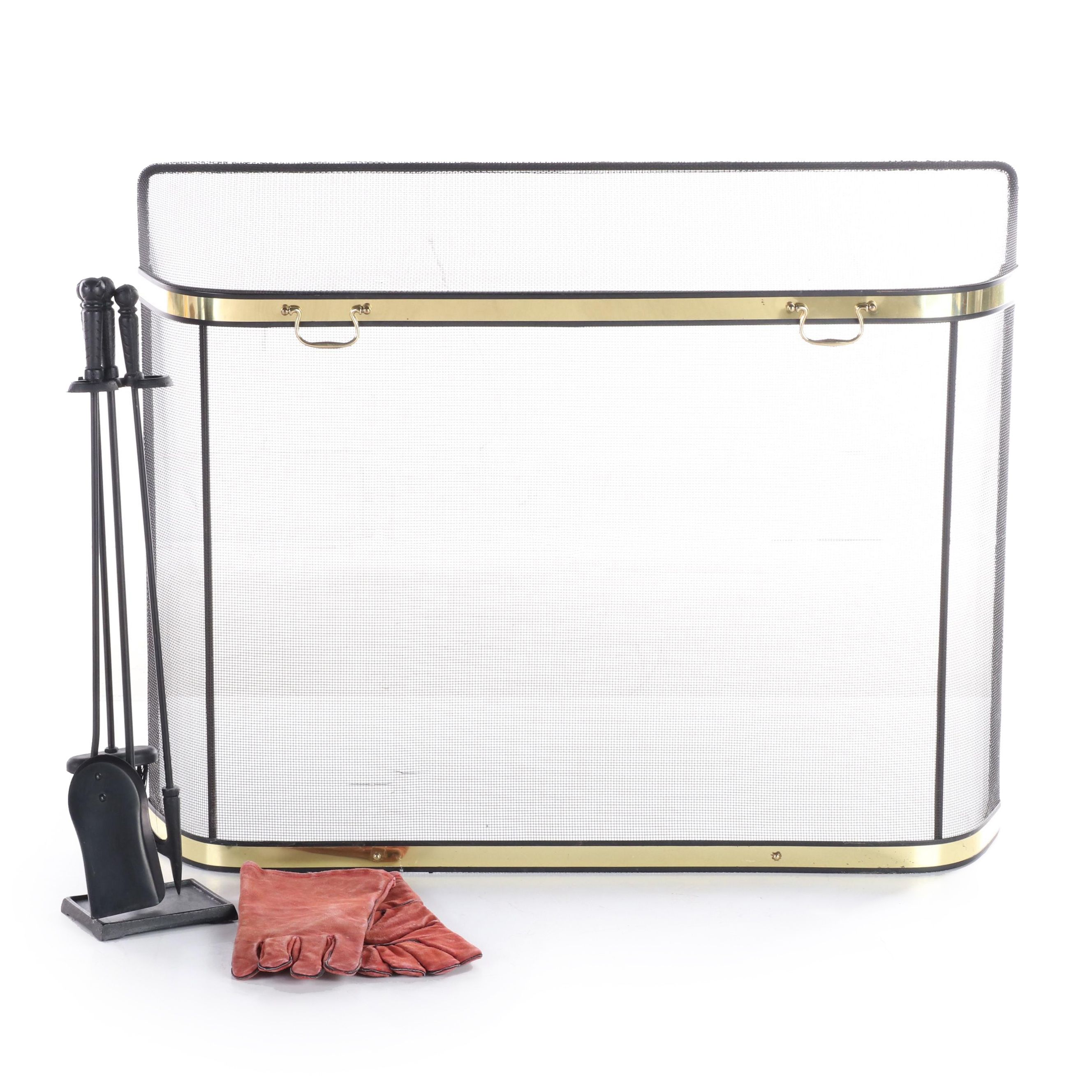 Wire Mesh Fireplace Screen with Tool Set and Leather Gloves | EBTH