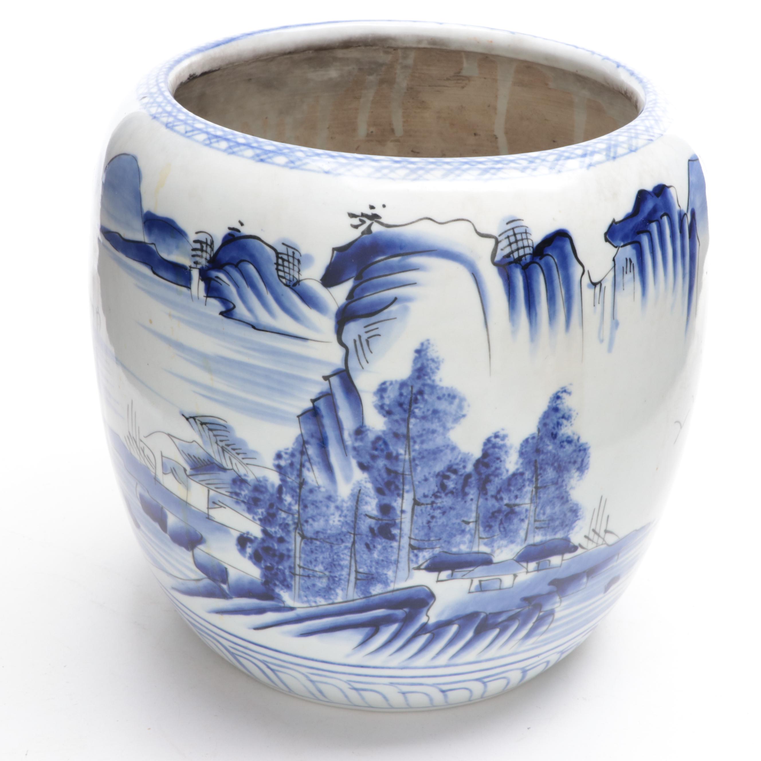 Japanese Blue and White Landscape Porcelain Hibachi Pot | EBTH