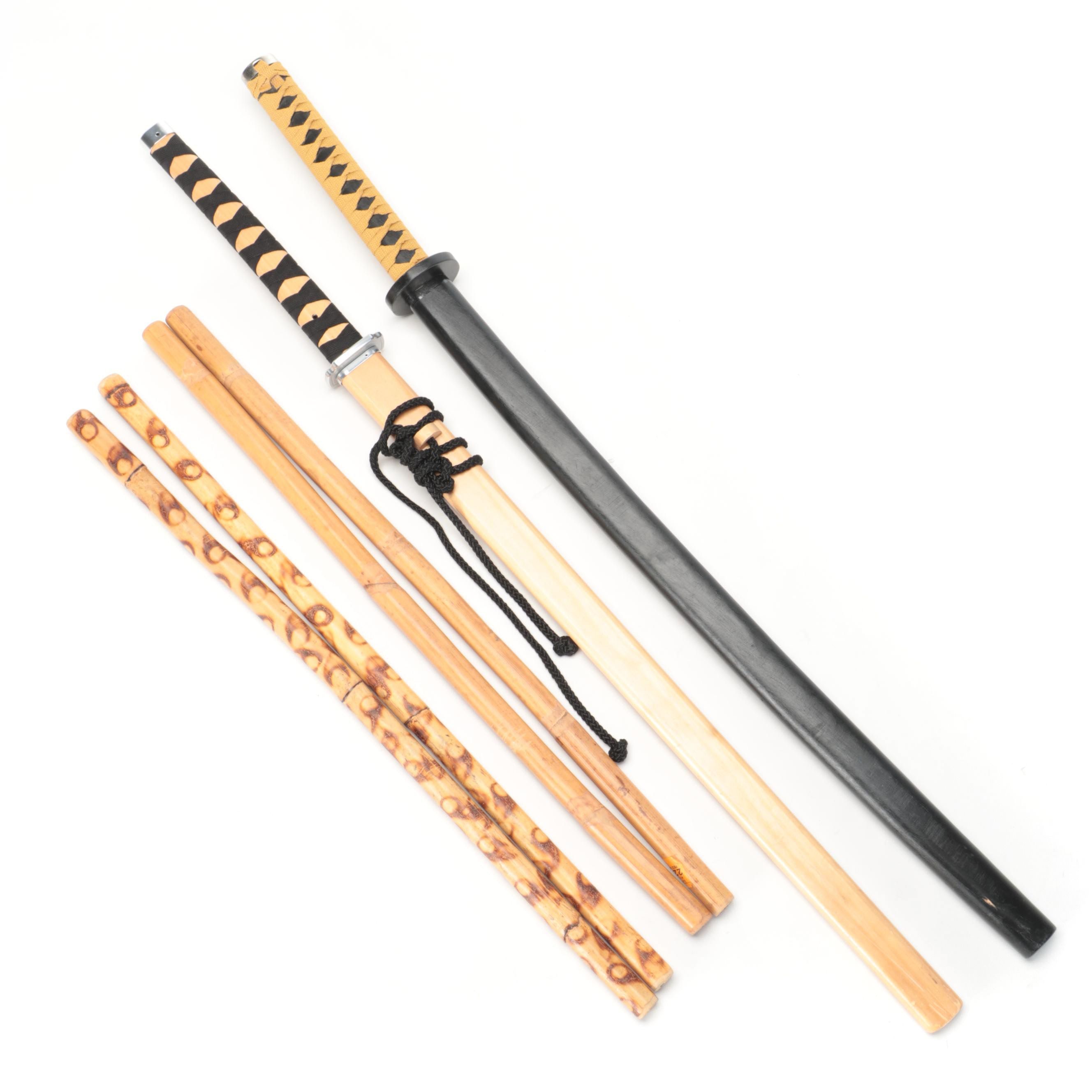 Japanese Style Straight Blade Katana with Other Wooden Sword and Bamboo ...