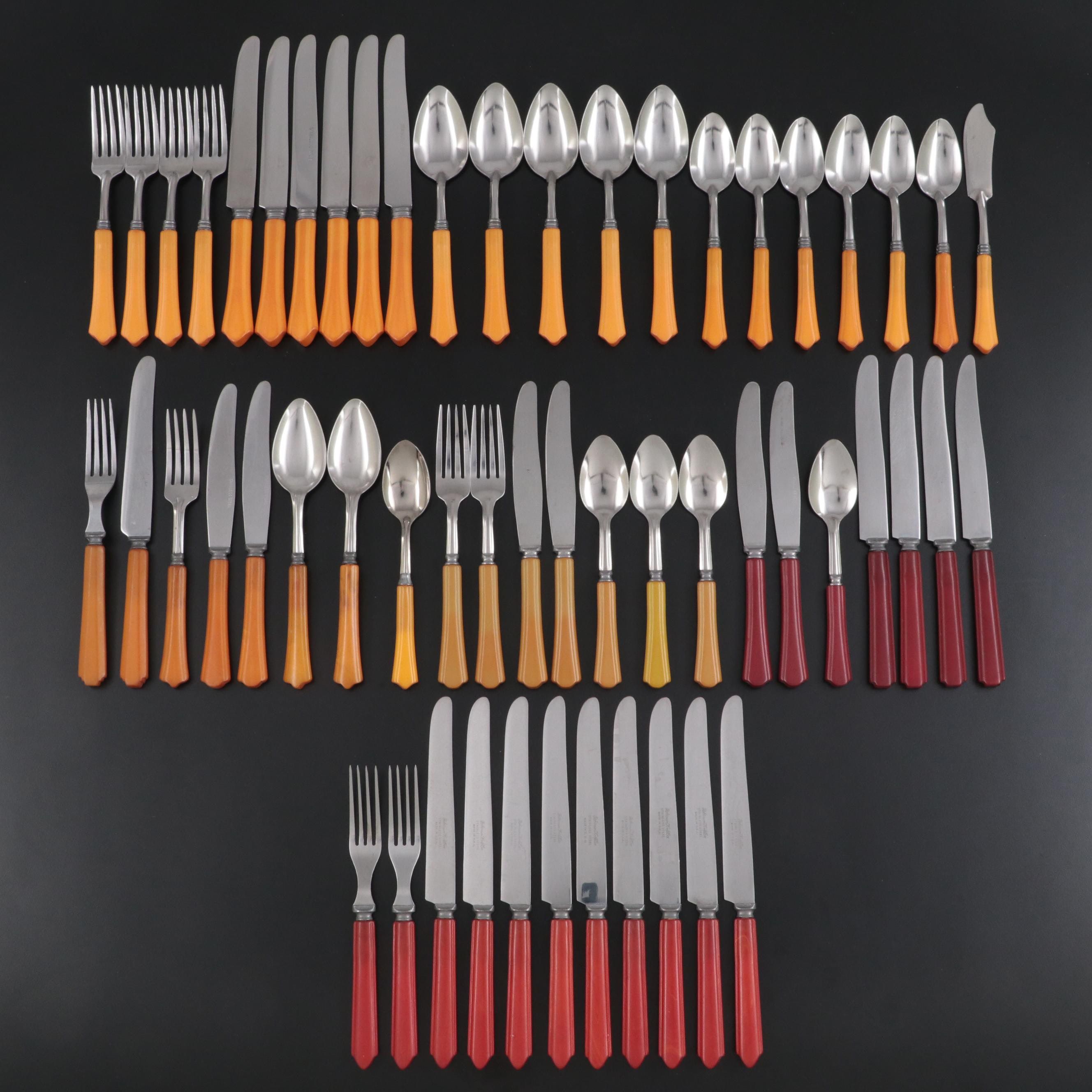 Art Deco Style Butterscotch and Red Bakelite Handled Flatware, Mid-20th ...