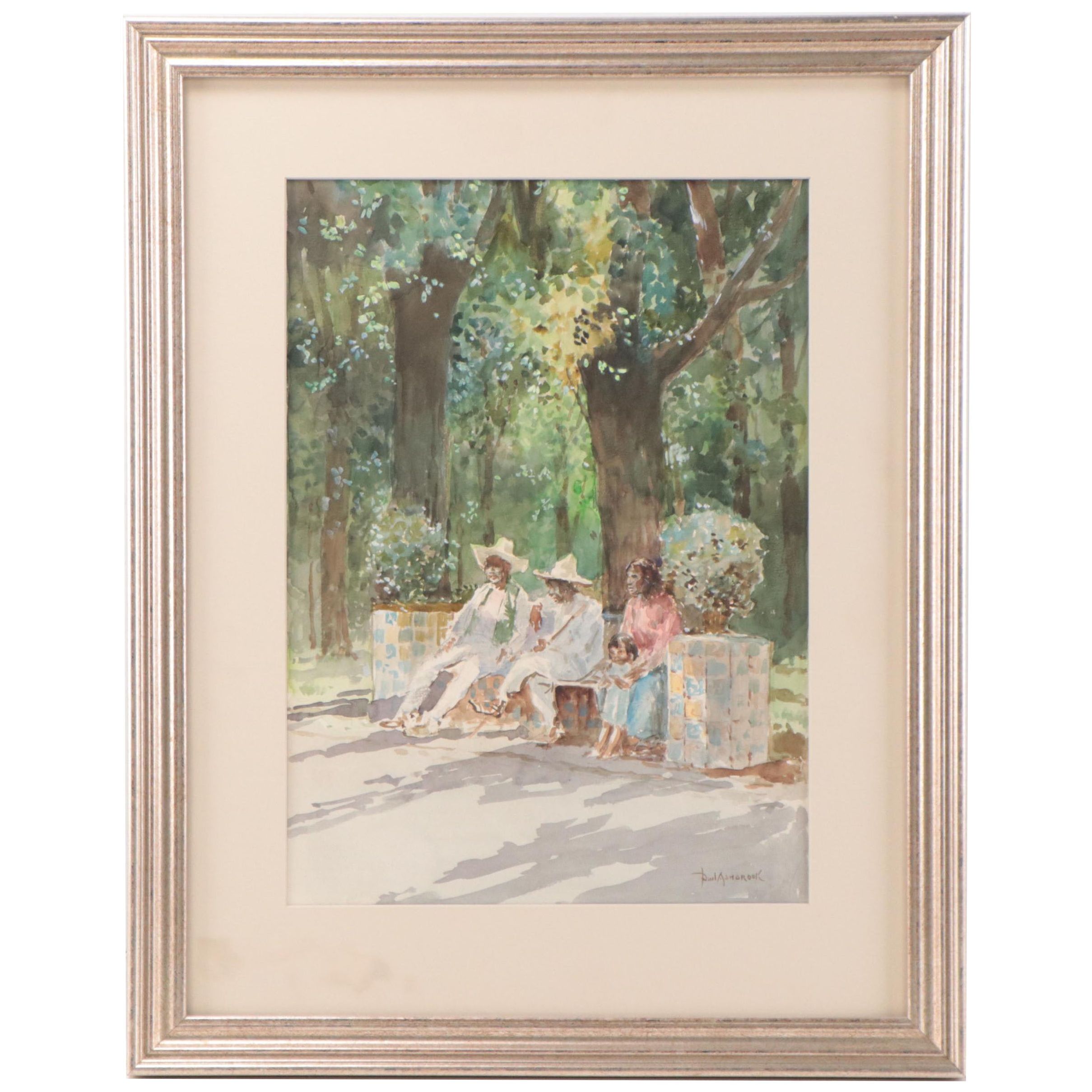 Paul Ashbrook Watercolor Painting of Figures On Park Bench "The Alameda ...