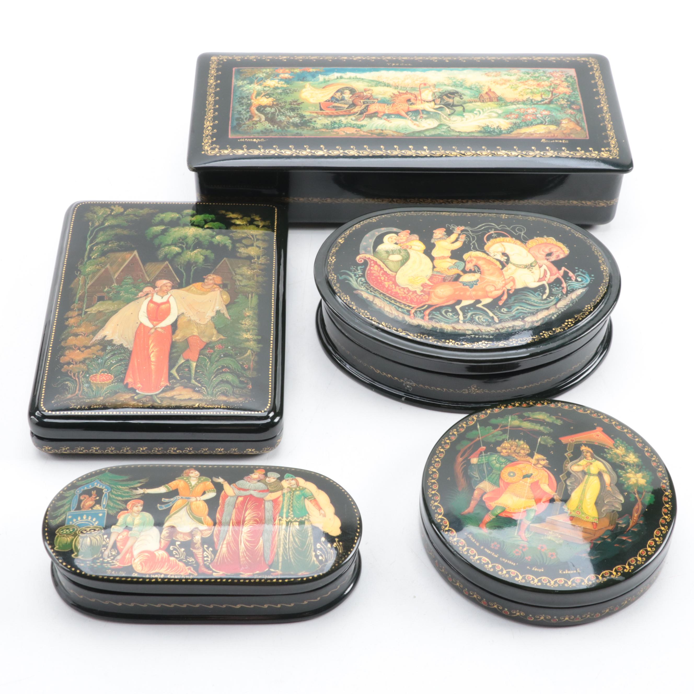 Russian Palekh, Kholuy and Mstyora Hand-Painted Fairytale Lacquer Boxes ...