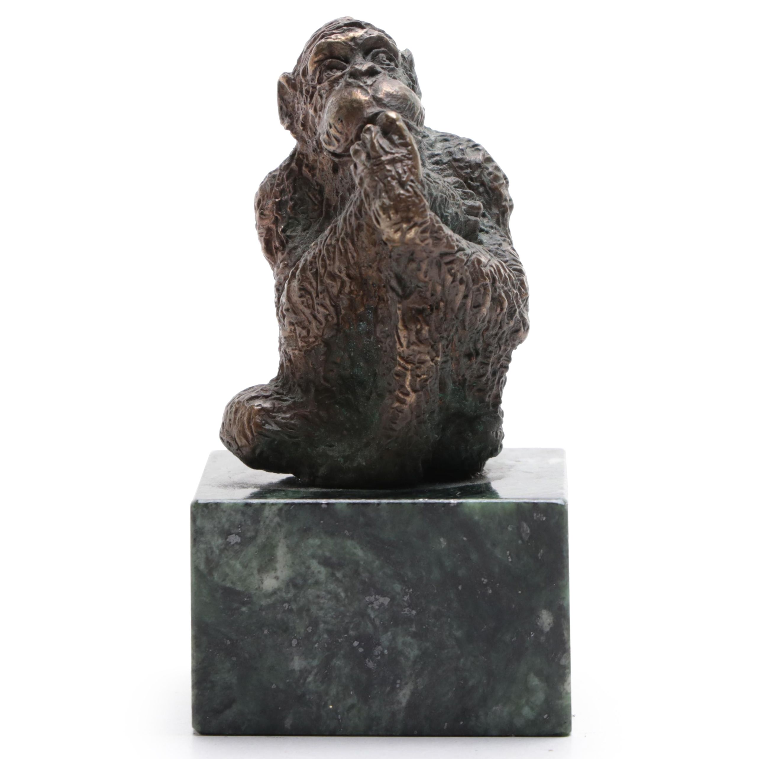 Miniature Bronze Chimpanzee on Marble Plinth Base | EBTH