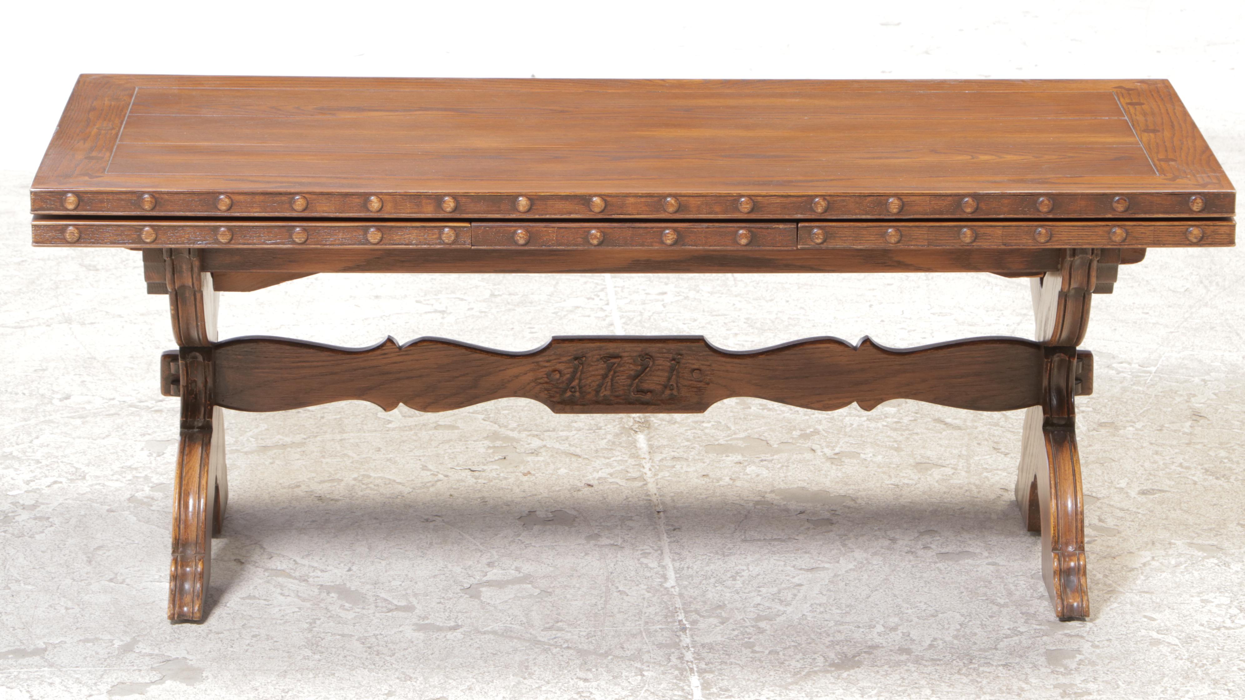 Romweber "1721" Carved Oak Draw-Leaf Coffee Table, 20th Century | EBTH