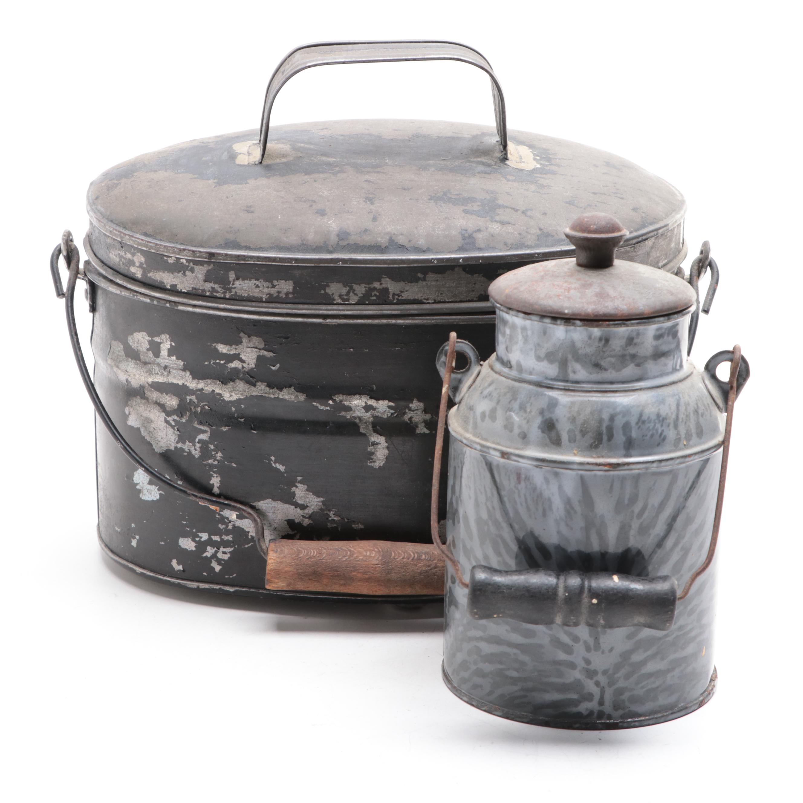 Oval Lunch Pail with Flask Insert and Other Milk Pail, Late 19th/ Early ...
