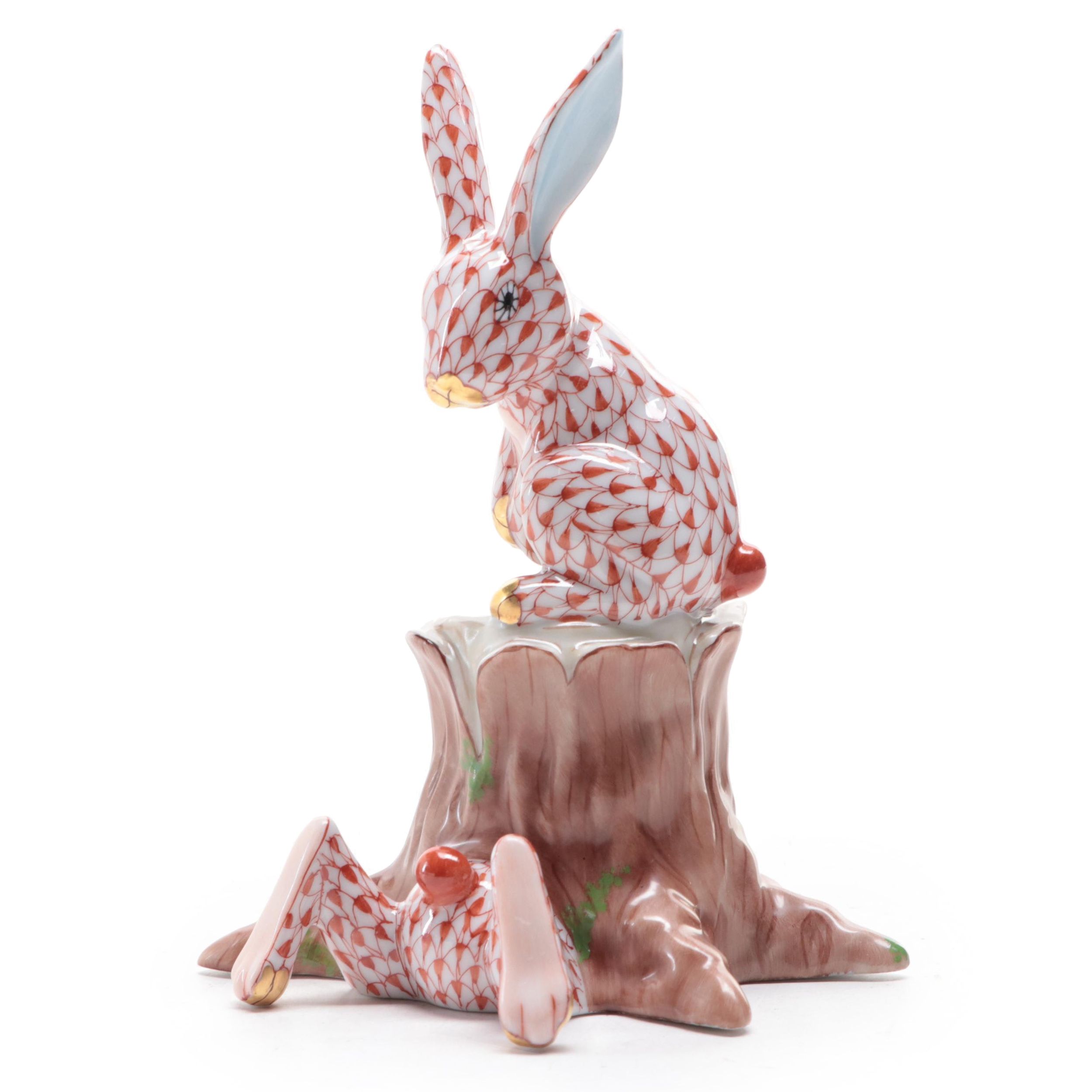 Herend Rust Fishnet with Gold "Down the Rabbit Hole" Porcelain Figurine ...