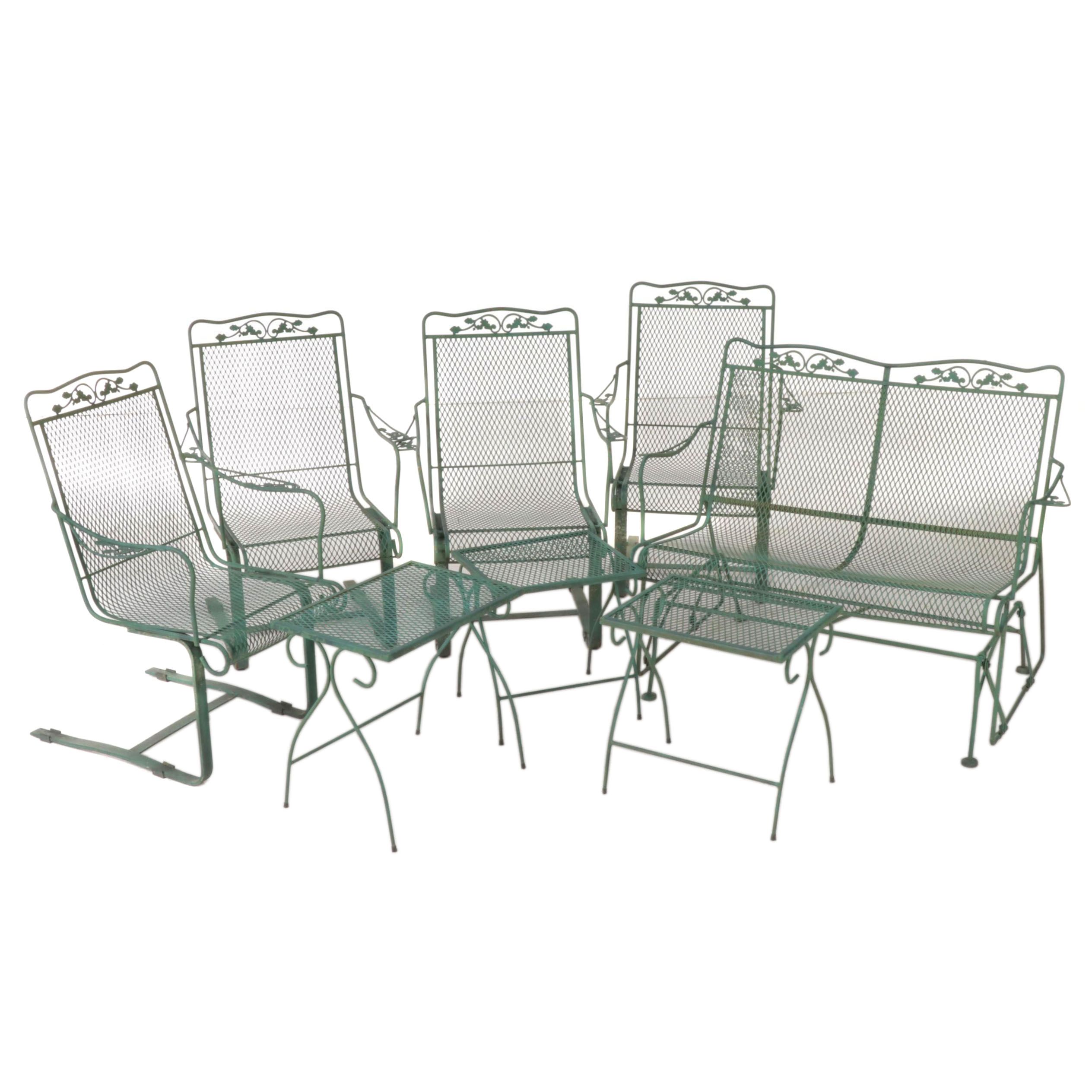 Eight-Piece Green-Painted Iron and Wire Mesh Patio Lounge Set, Late ...