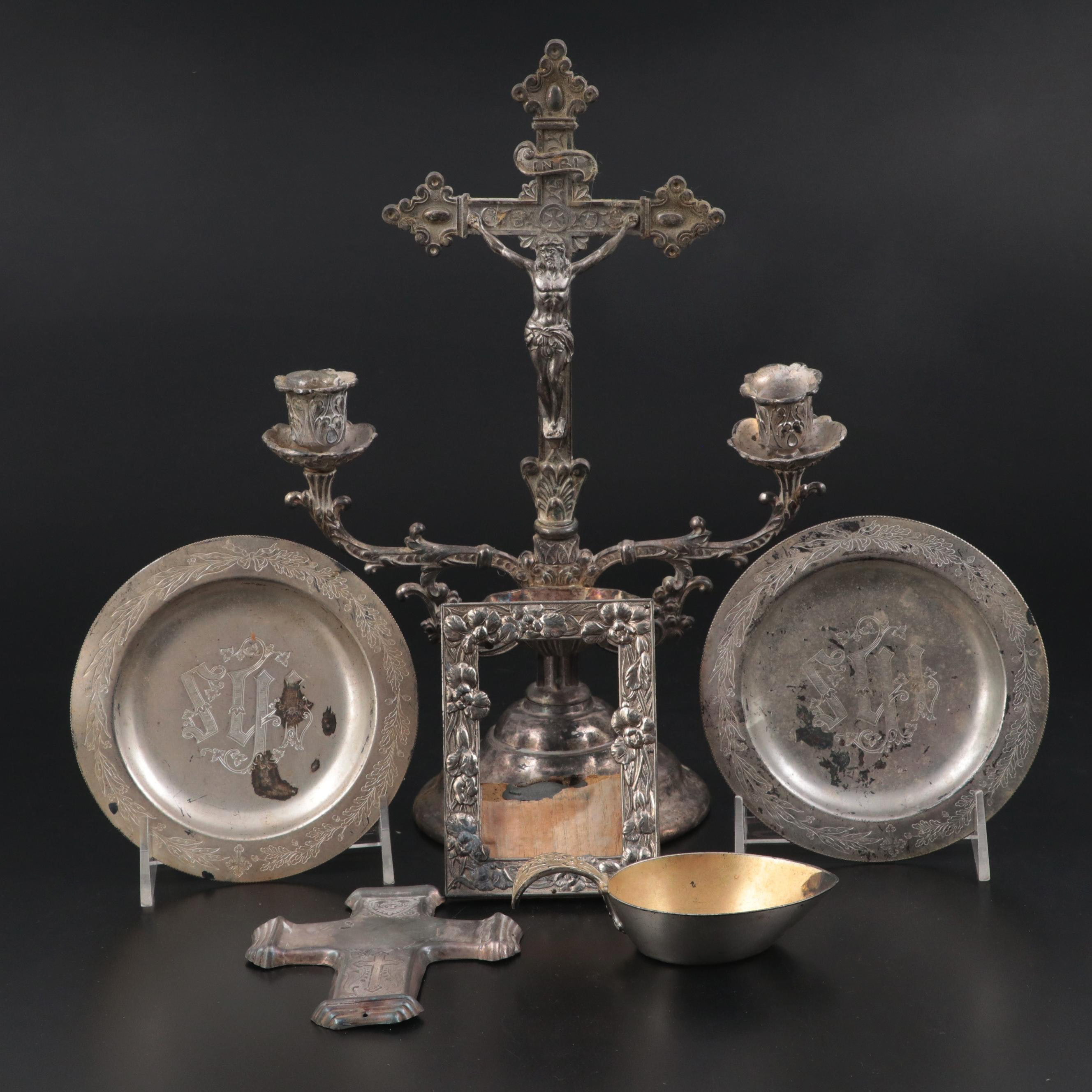 Victorian Silver Plate Assembled Viaticum Kit with Other Cross and ...