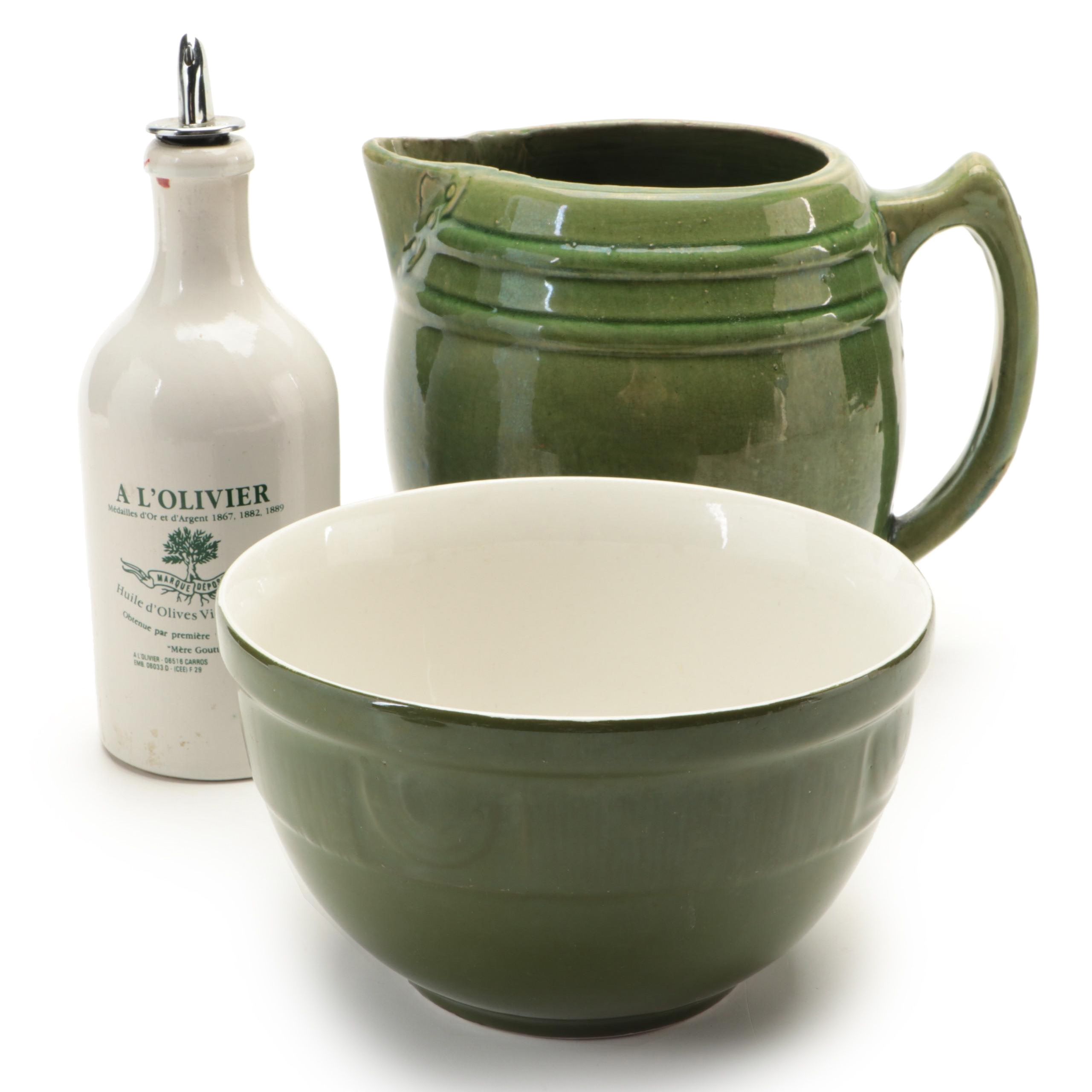 Hall Pottery Green Glazed Mixing Bowl with Pitcher and A L'Olivier Oil ...