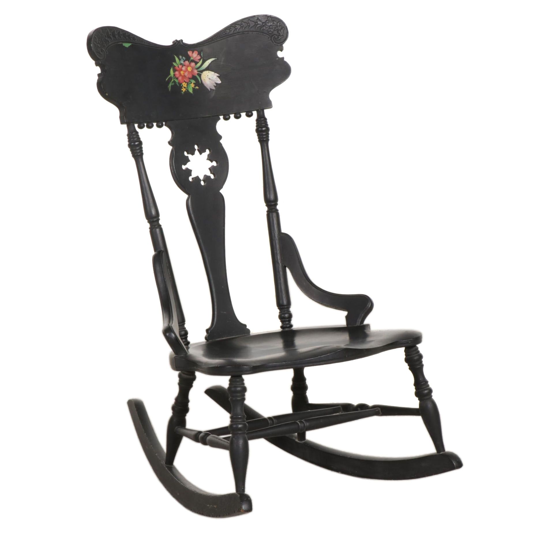 Late Victorian Press-Back and Ebonized Rocking Chair with Floral Decal ...
