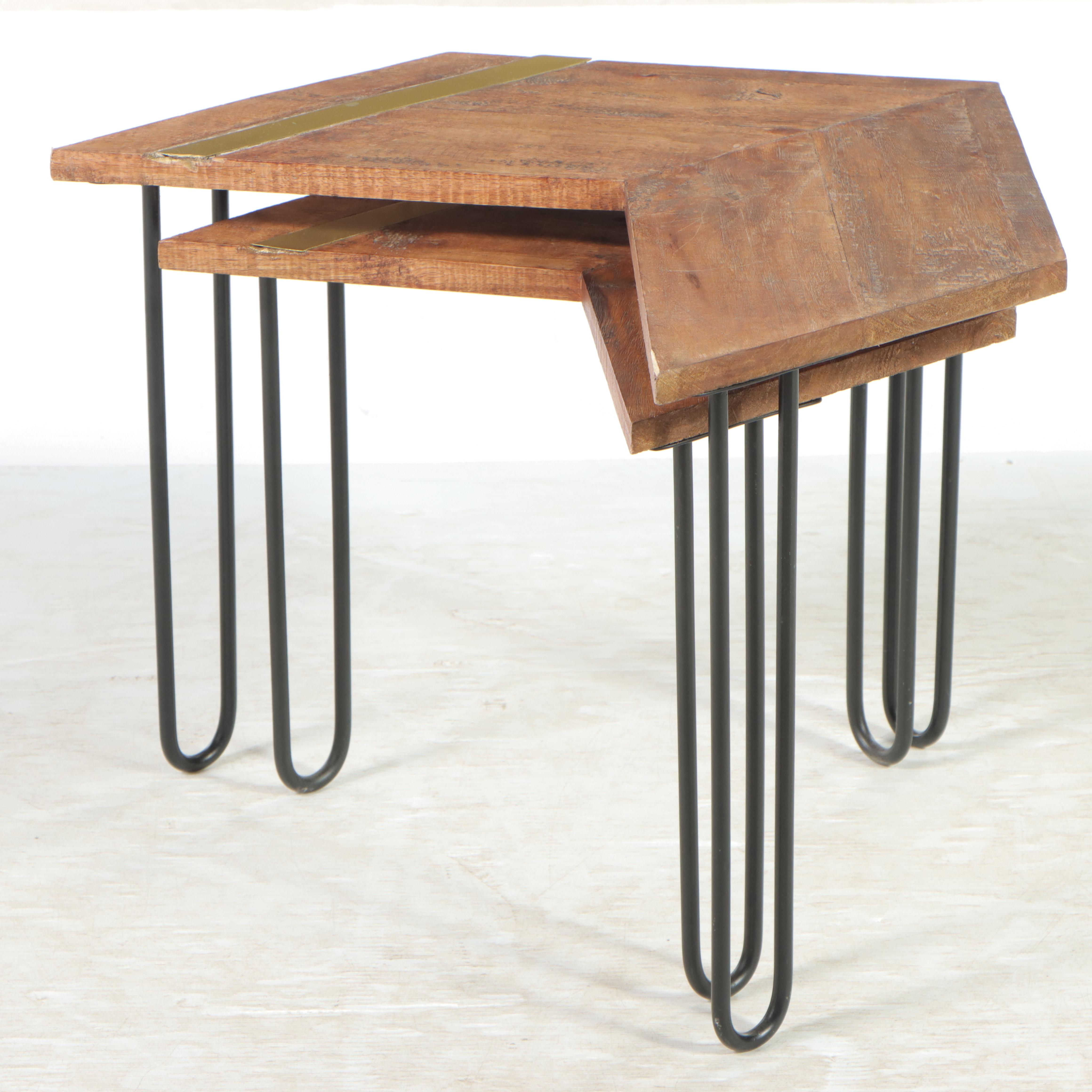 Renwill Bryton Brass Inlaid Wood Chevron Nesting Tables with Hairpin ...