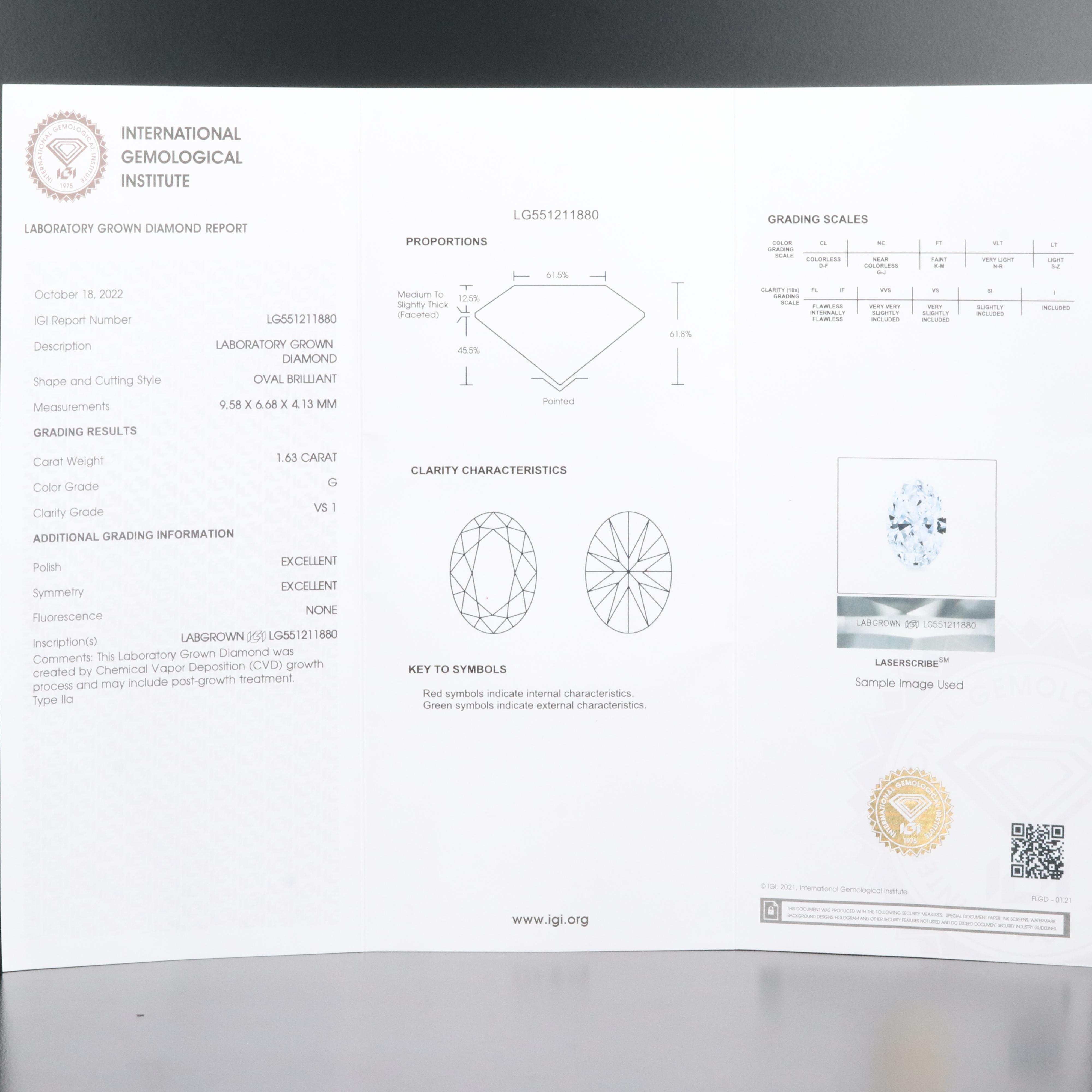 Loose 1.63 CT Lab Grown Diamond with IGI Report | EBTH