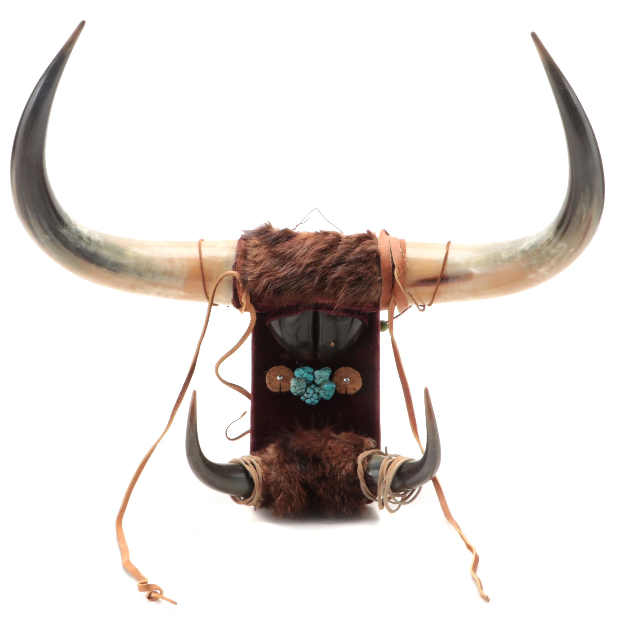 Mounted Rawhide Wrapped Bovine Horn Rack with Fur and Turquoise Stone ...