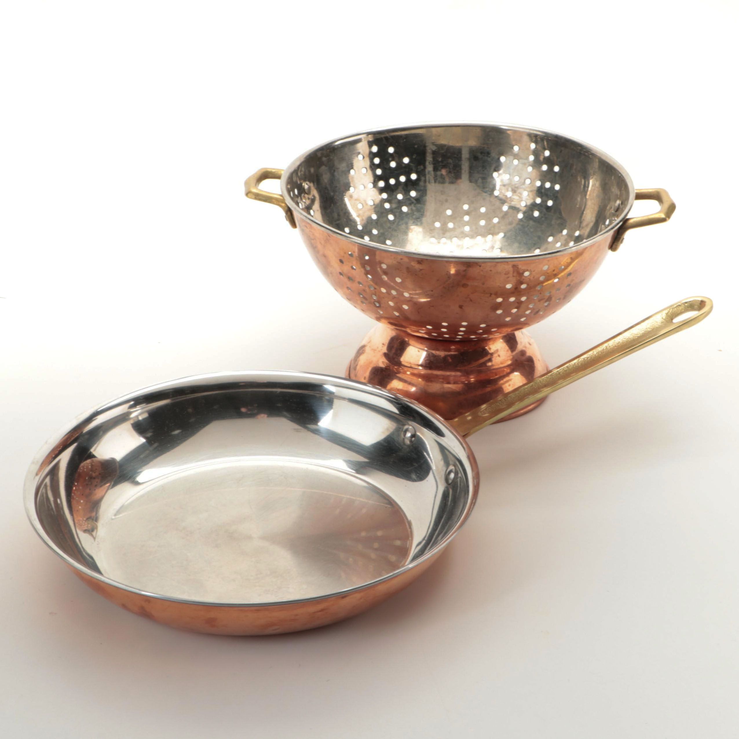 Copper Plated Frying Pan and Colander with Brass Handles | EBTH