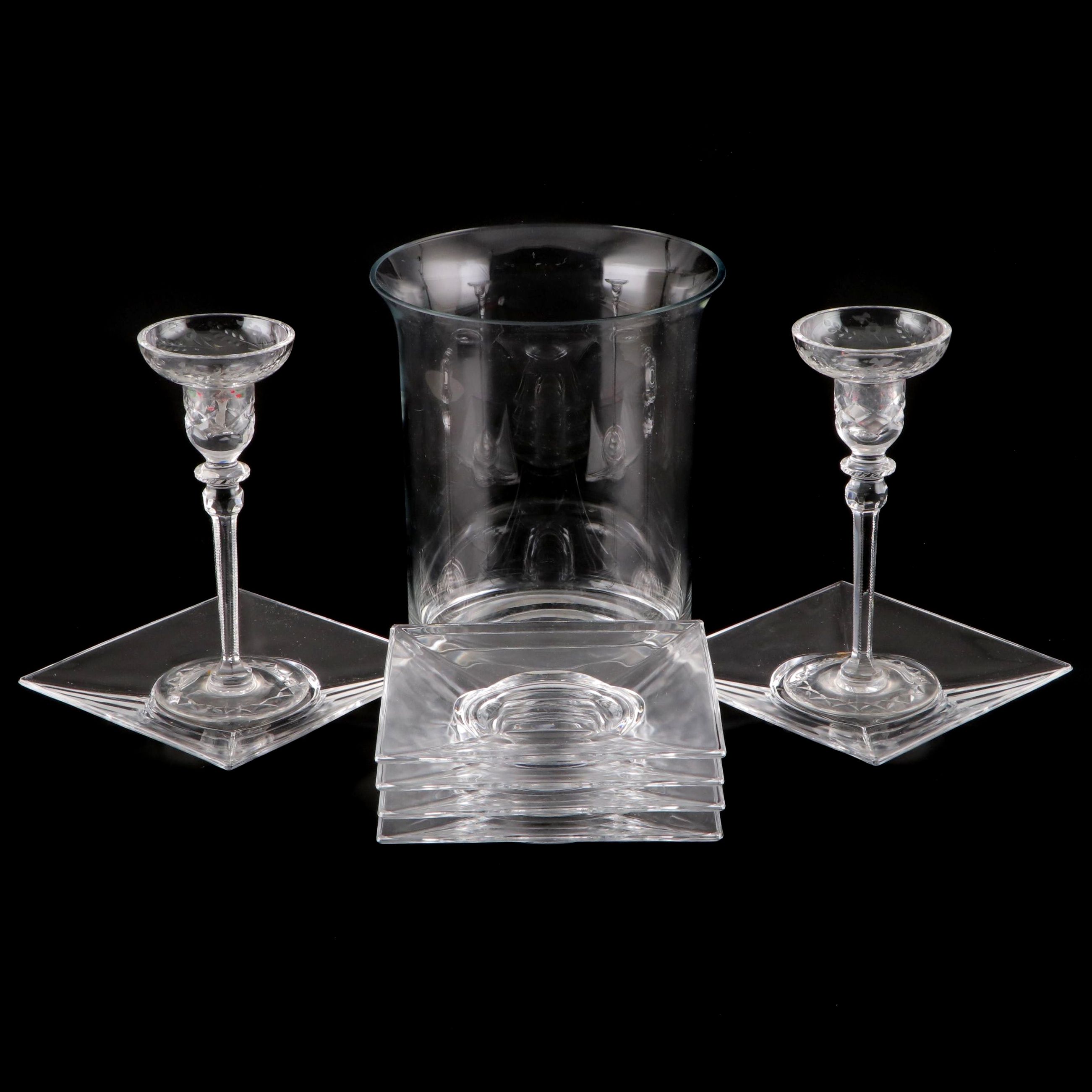 Rogaska Crystal Candlesticks with Square Plates and Beaker Vase | EBTH