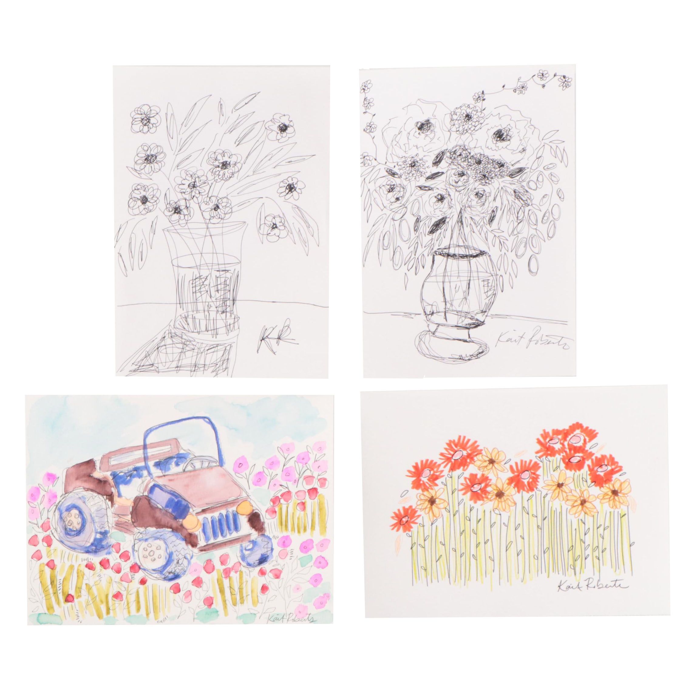 Kait Roberts Floral Theme Ink Drawings, 21st Century | EBTH