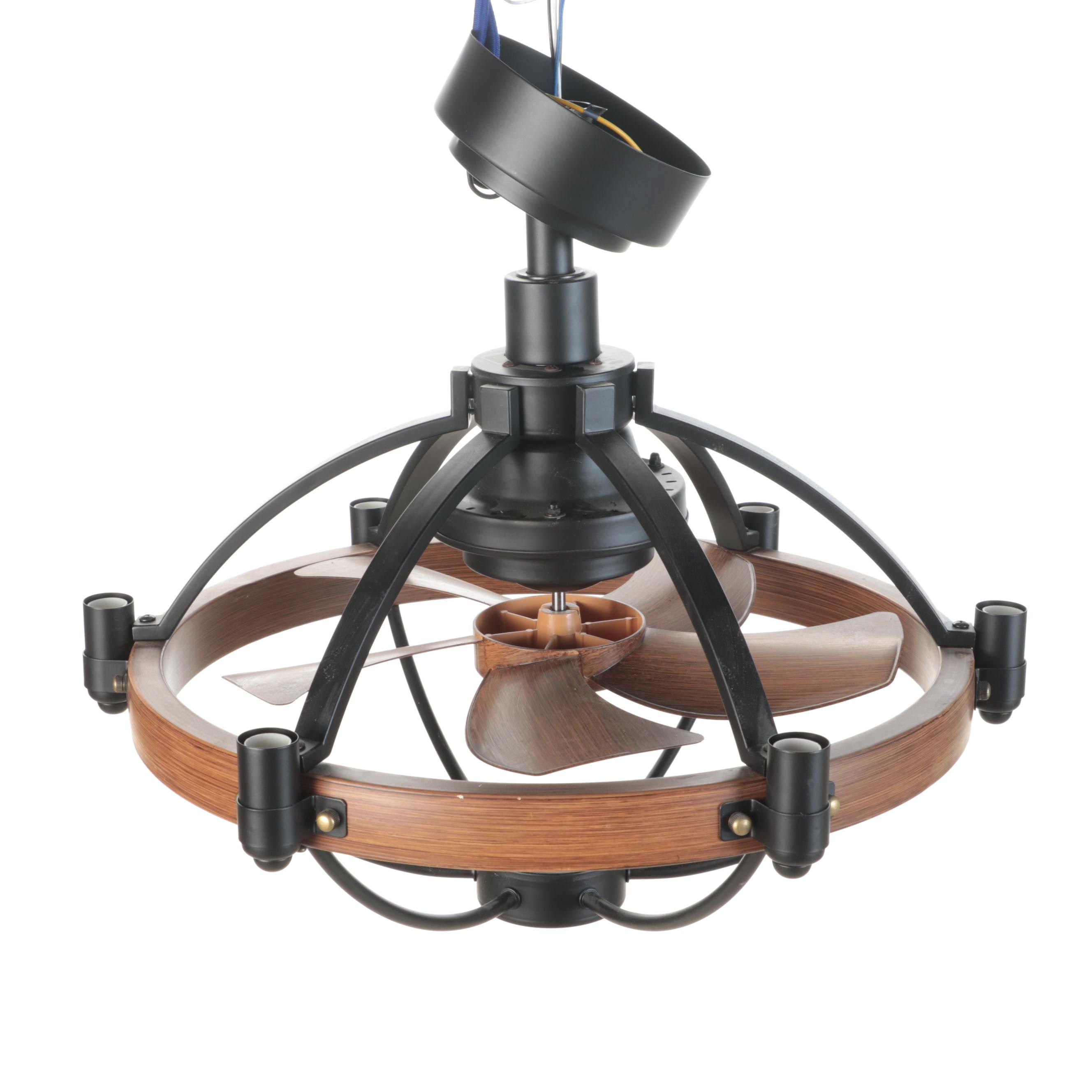 Wood Look Metal Caged Lighted Ceiling Fan with Remote and Mounting ...