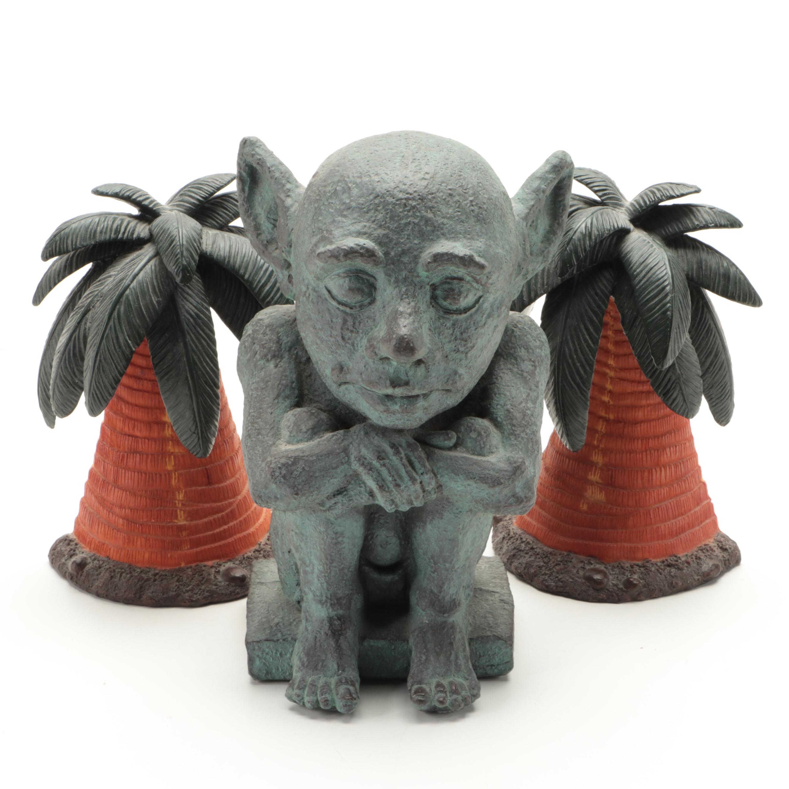 Gargoyle Statue with Melannco Palm Tree Bookends | EBTH