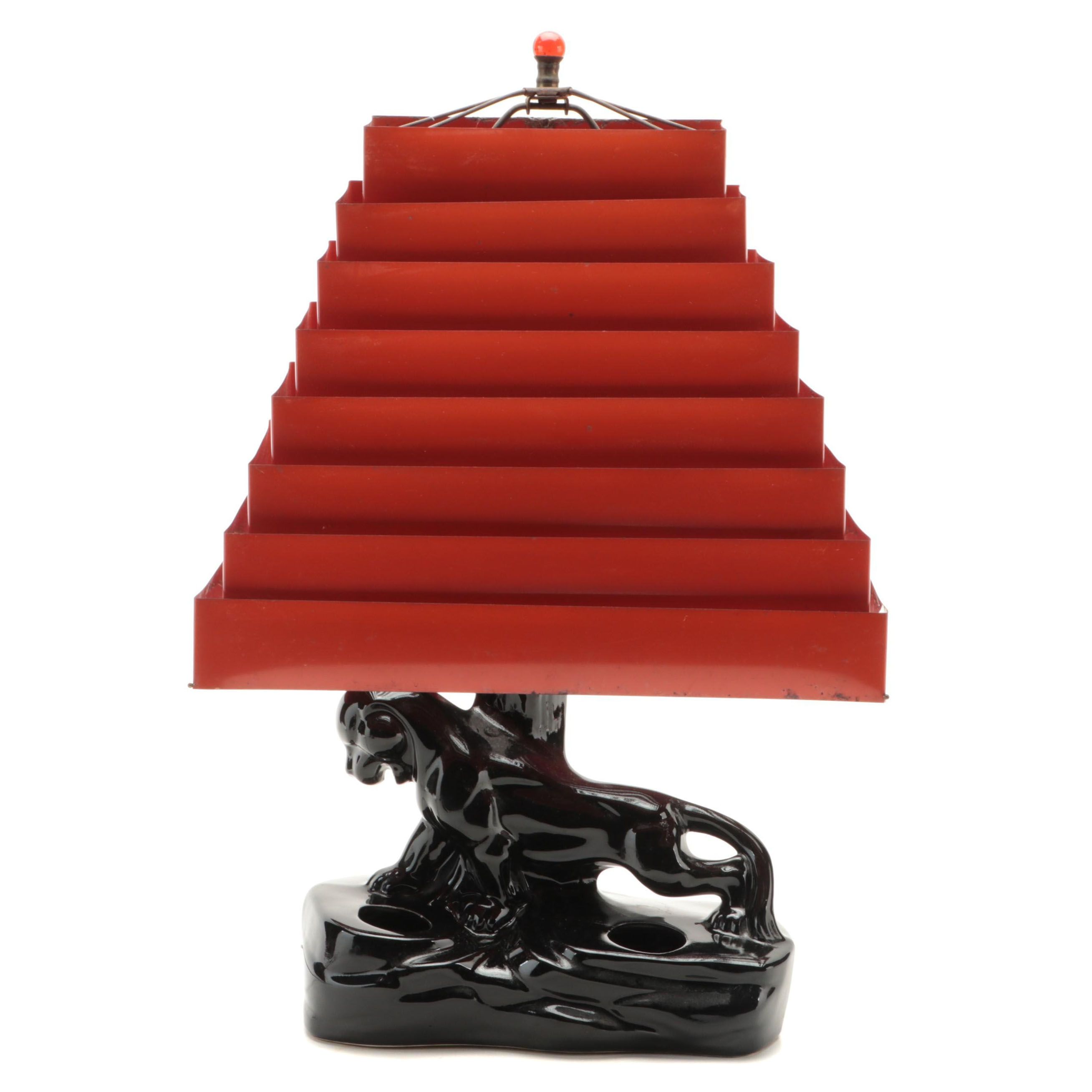 Black Ceramic Panther Television Lamp with Stacked Pyramid Shade | EBTH