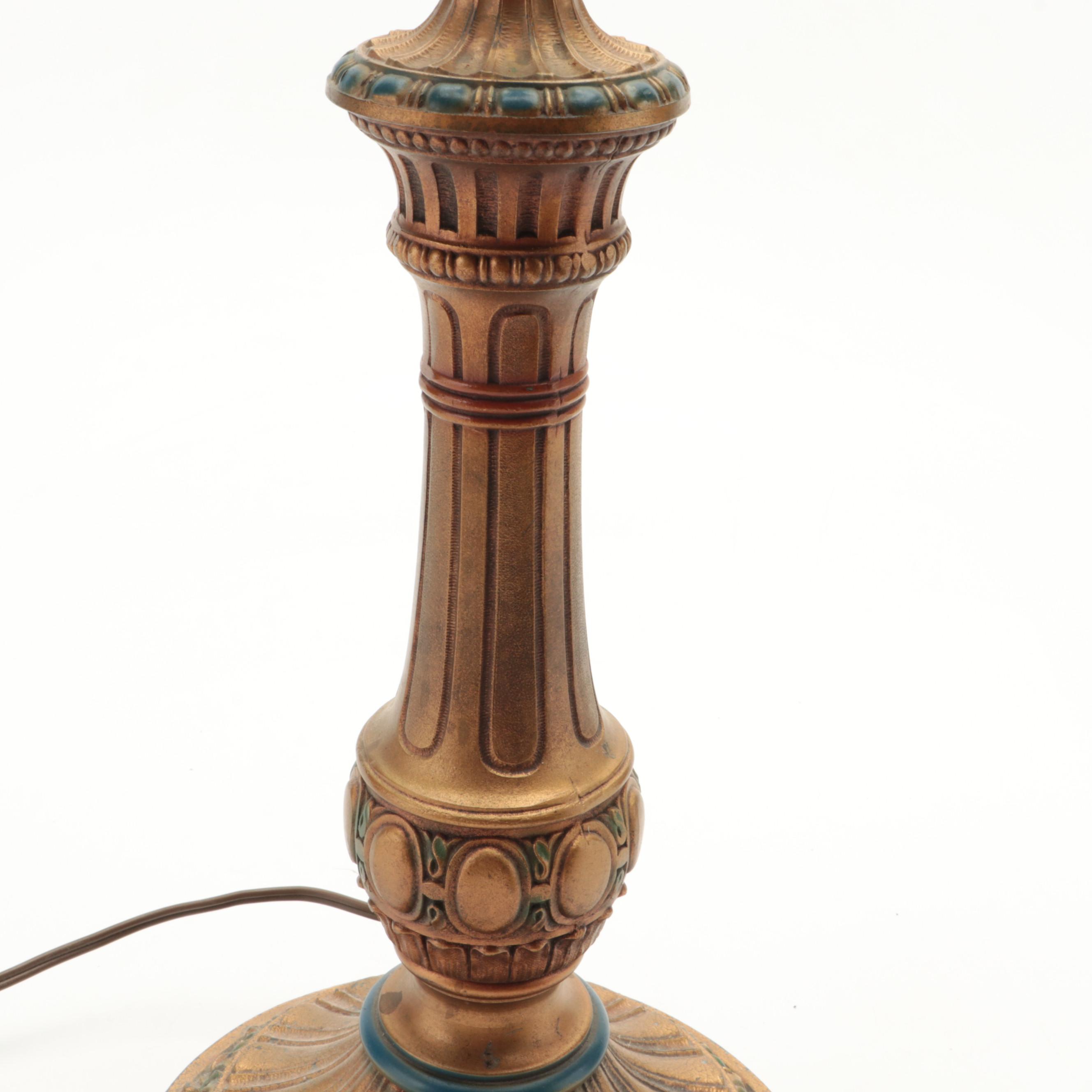 Jefferson Reverse Painted Shade and Polychrome Spelter Lamp, Early 20th ...
