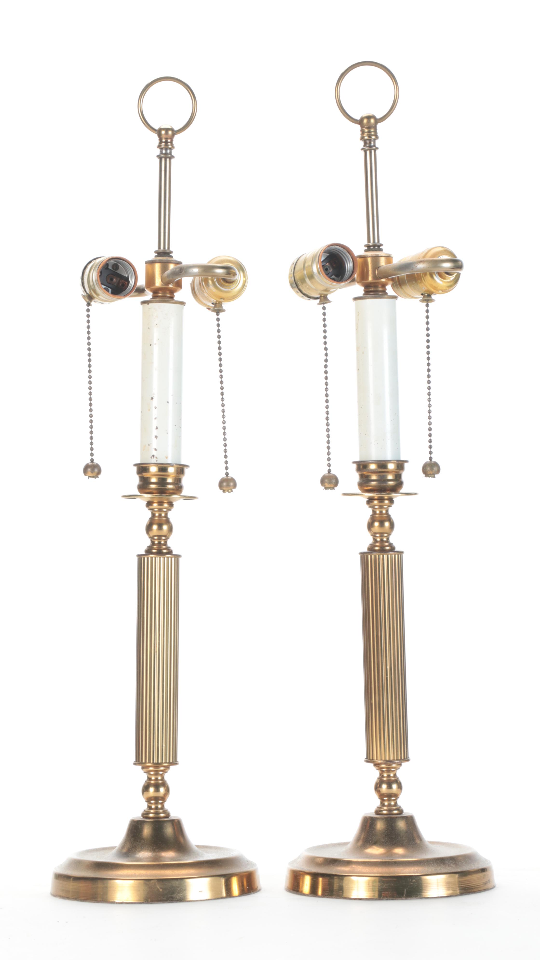 Pair of Neoclassical Style Brass Column Candlesticks Lamps with Gilt ...