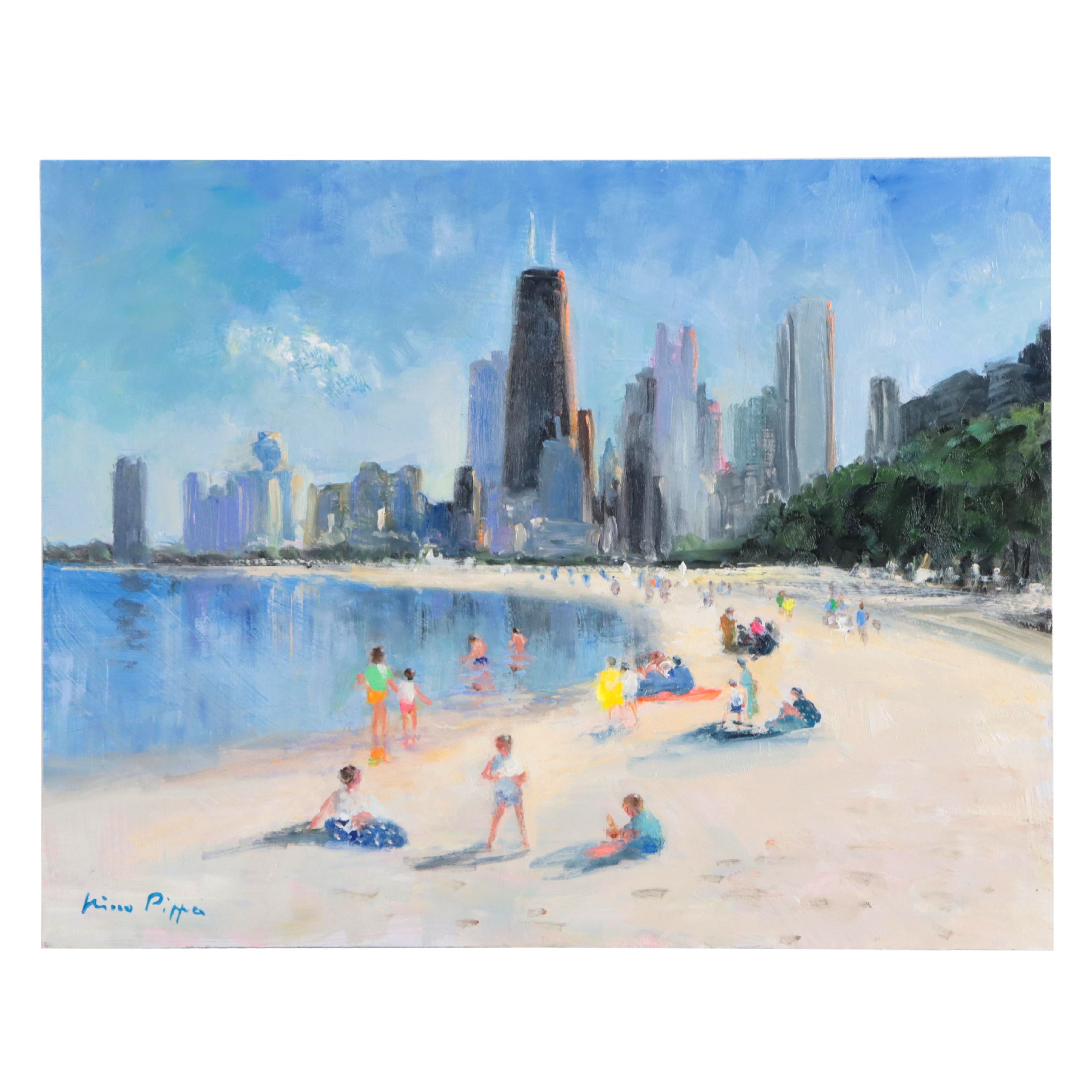 Nino Pippa Oil Painting "Chicago - Lake Shore Drive Beach Scene," 2018 ...