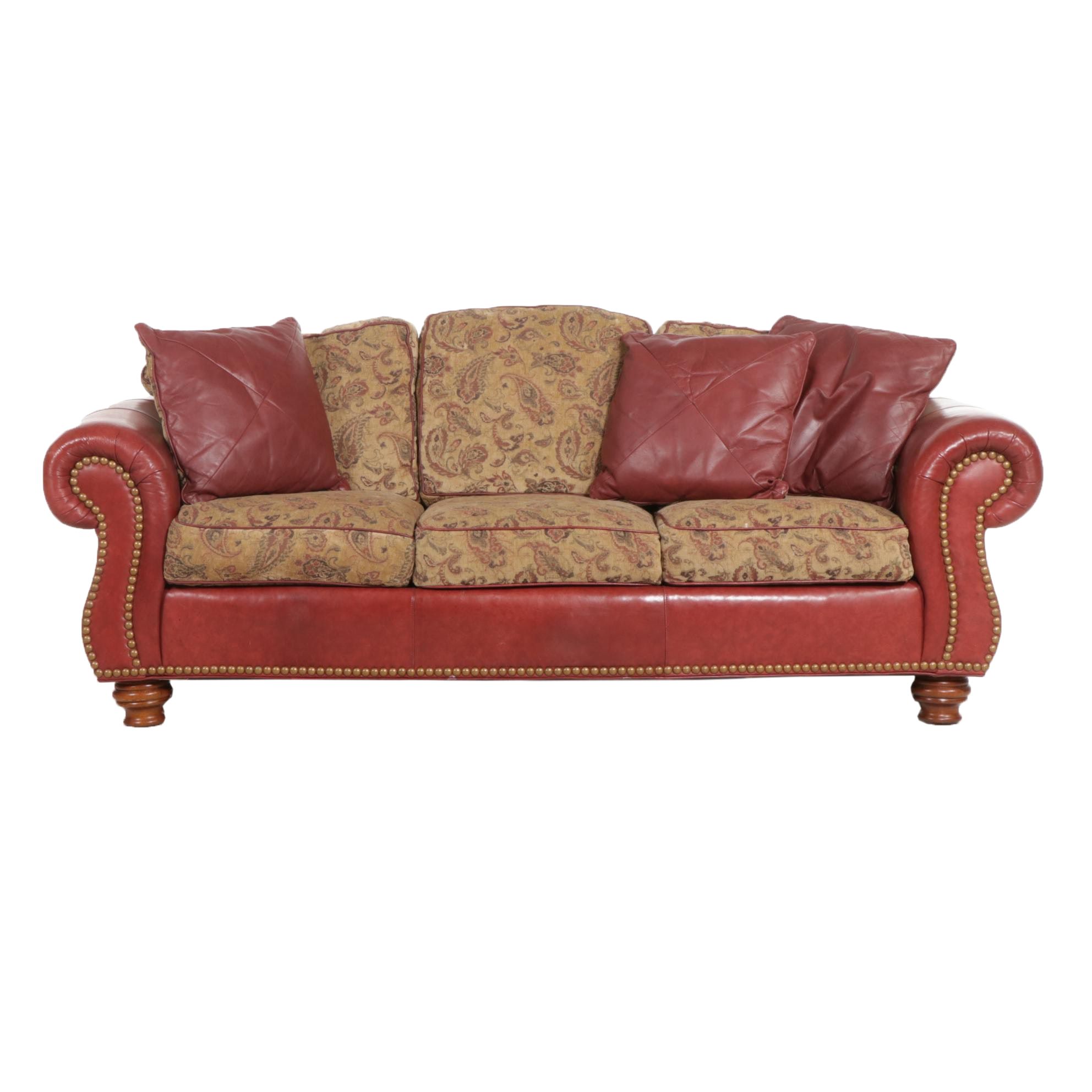 Thomasville Brass-Tacked Leather and Paisley Fabric Rolled Arm Sofa | EBTH