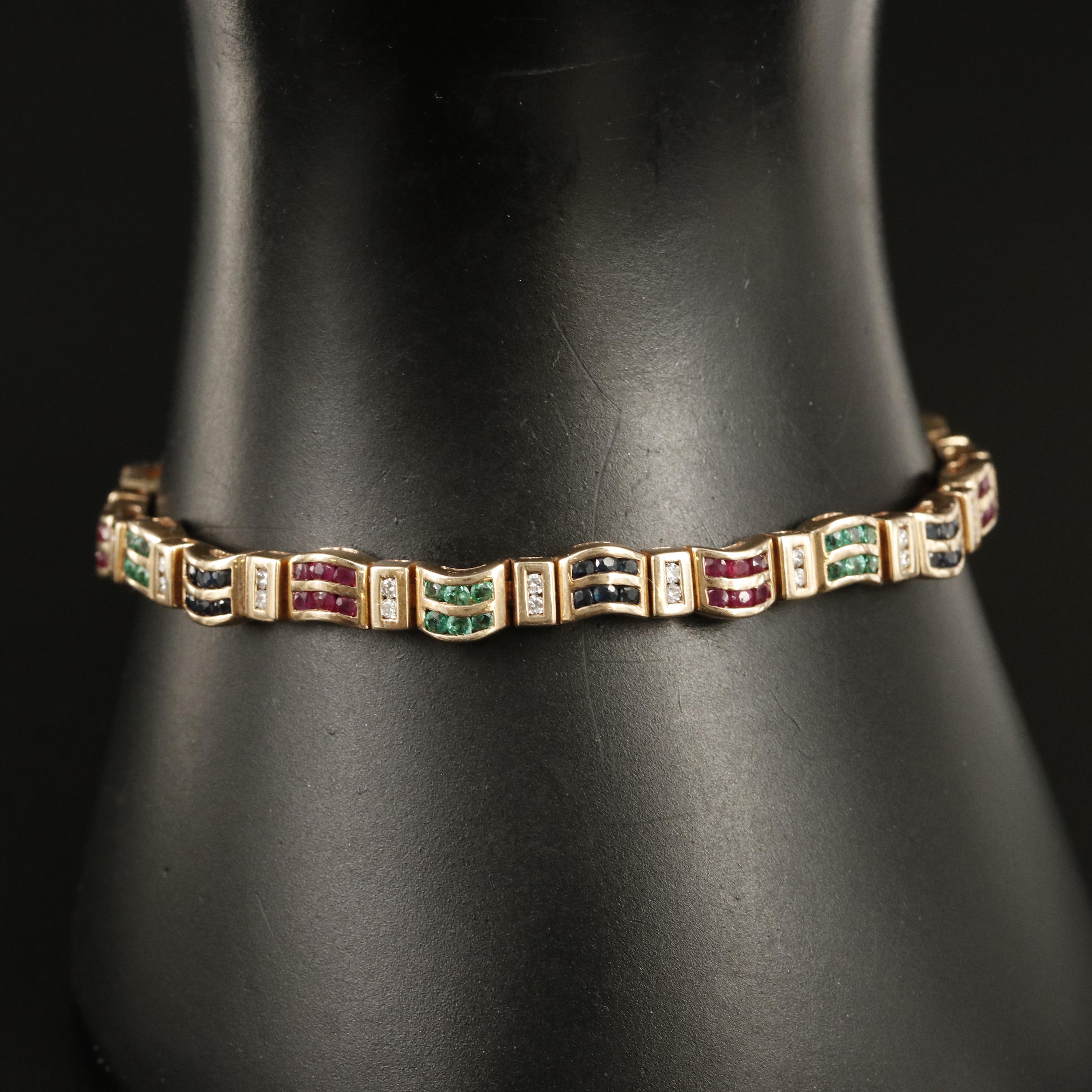 14K Diamond and Gemstone Wave Link Bracelet | EBTH