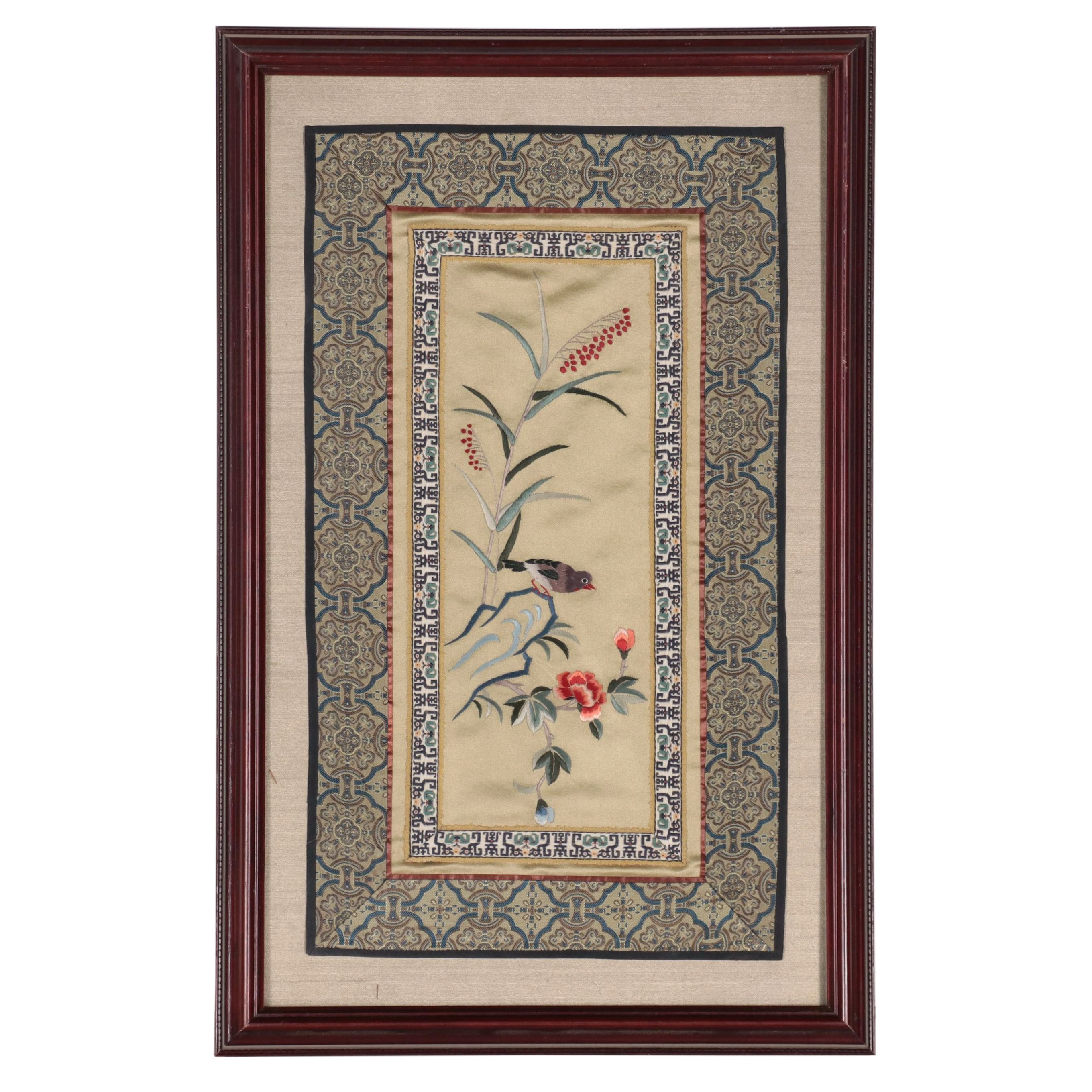 Japanese Silk Embroidery Wall Hanging of Birds and Flowers | EBTH