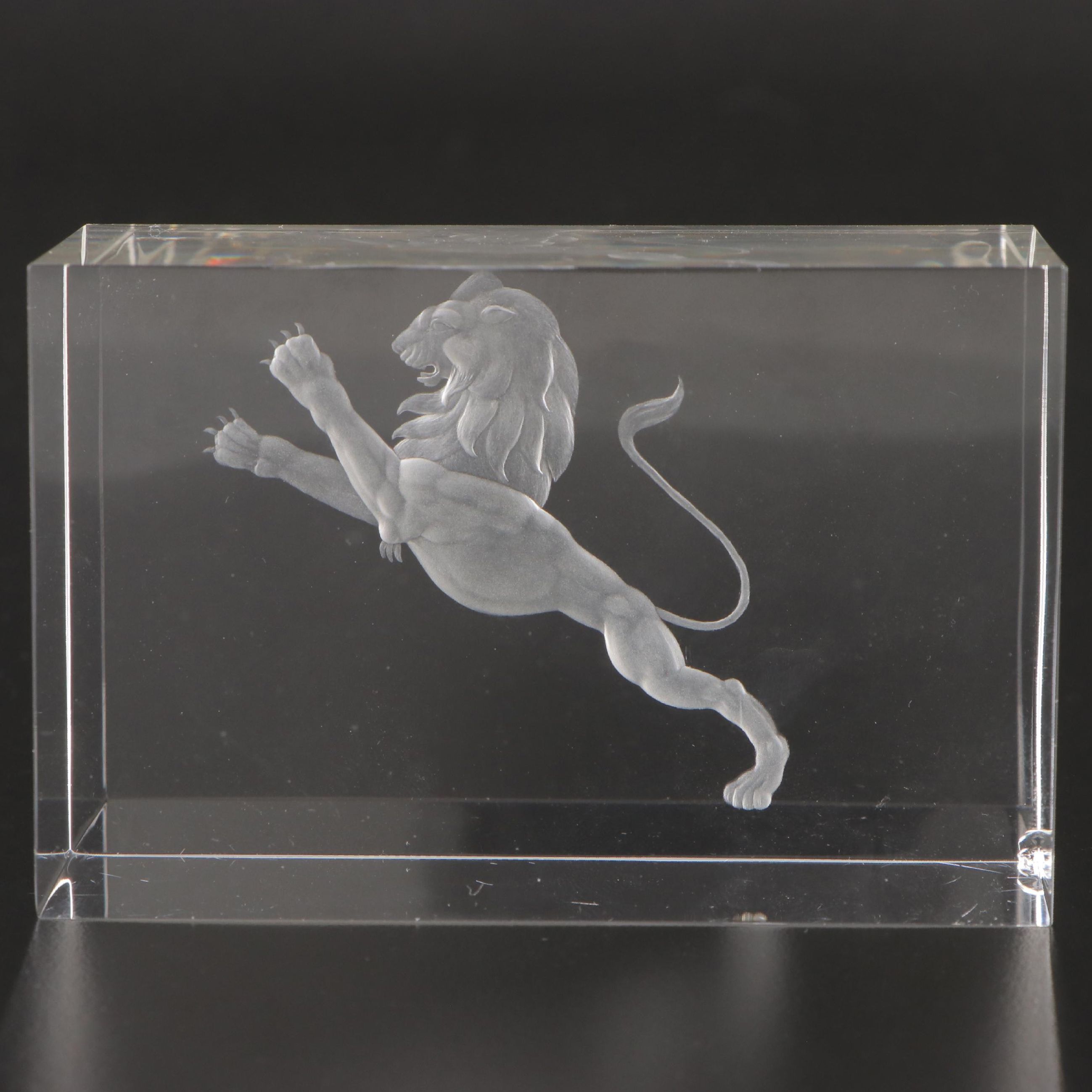 Steuben Art Glass Leaping Lion Decorative Etched Glass Block | EBTH