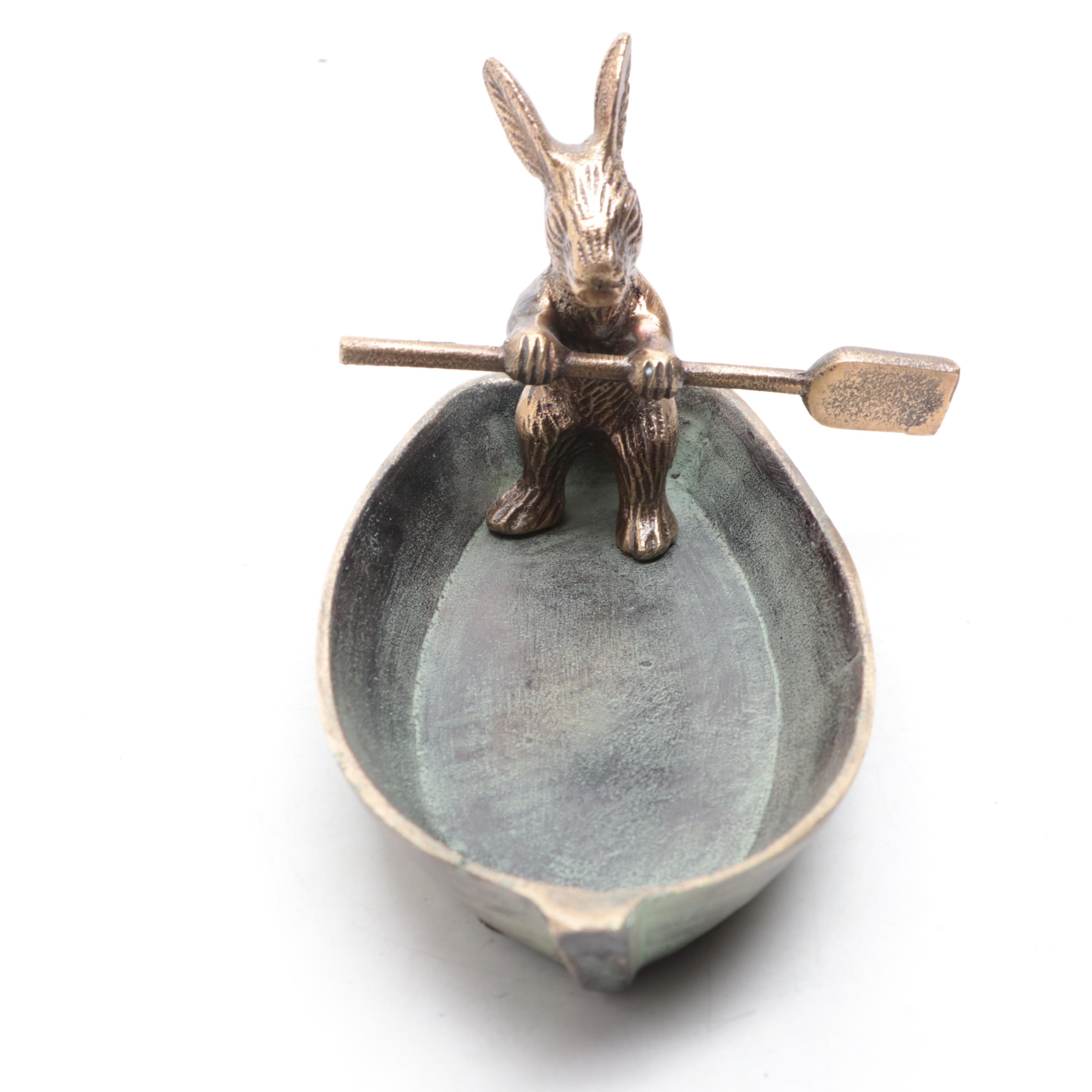 Patinated Cast Brass Bunny in Rowboat Trinket Dish | EBTH